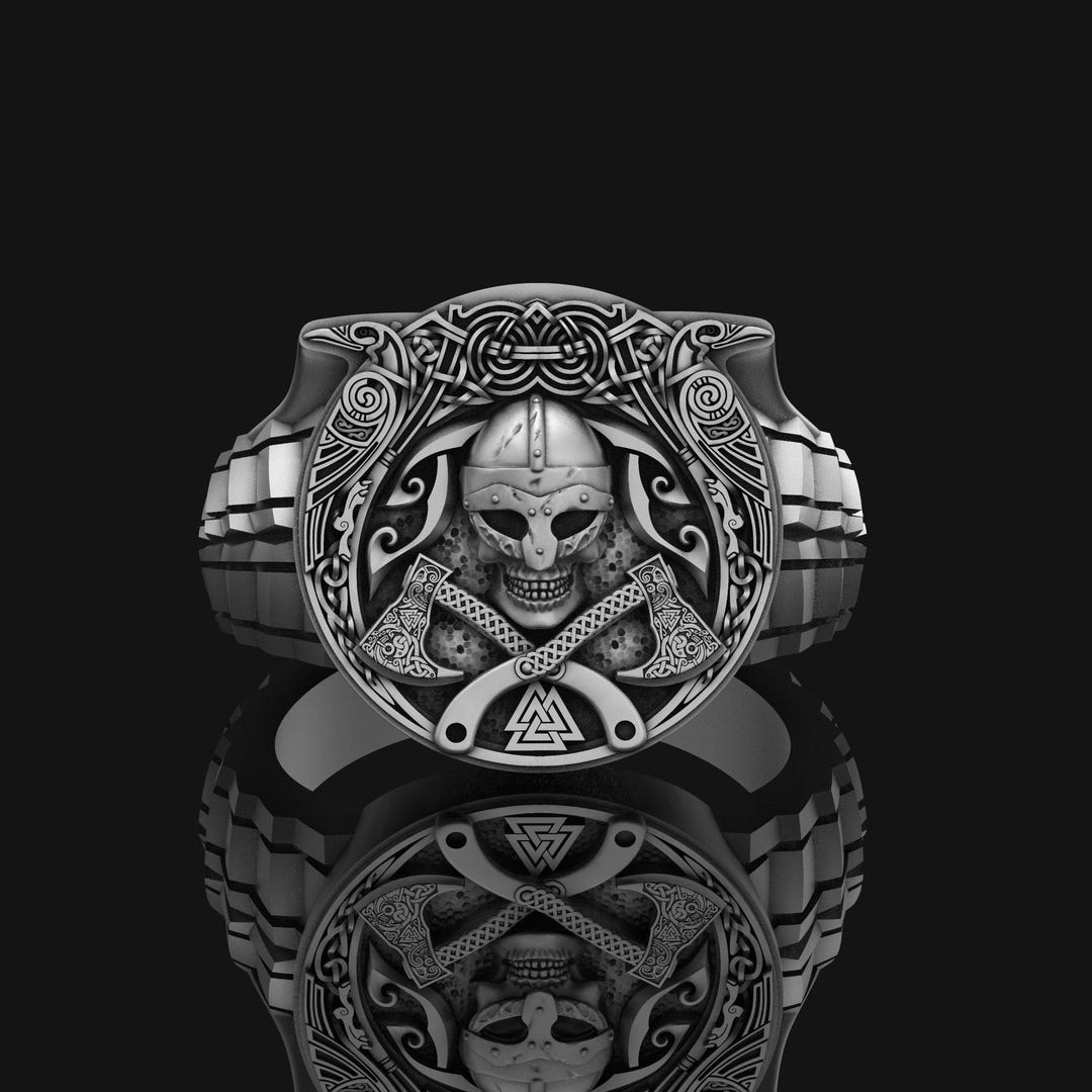 Silver Viking Ring - Axe and Helmet Jewelry, Norse Mythology, Unique ...