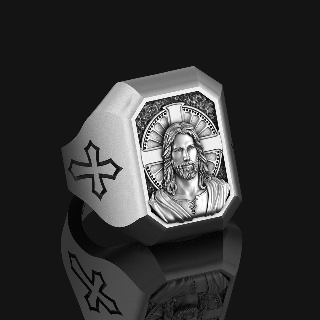 Jesus Christ Ring - 925 Oxidized Sterling Silver Signet, Christian ...