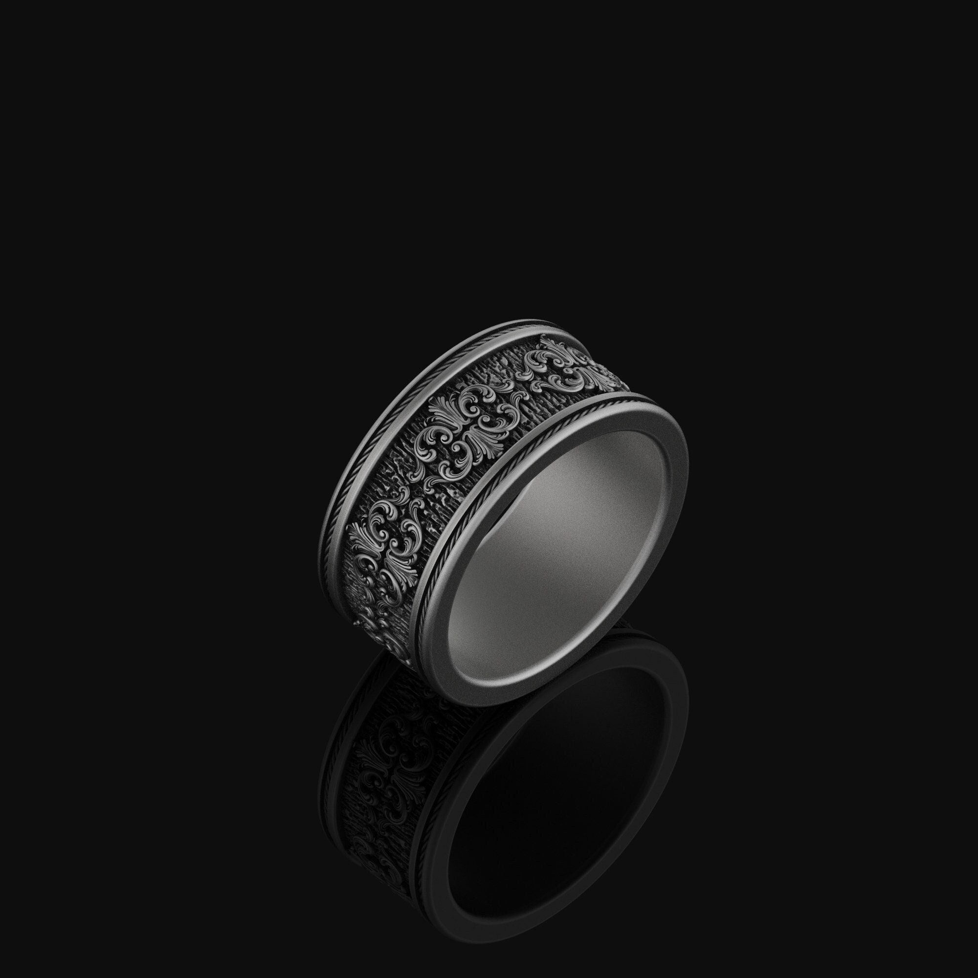 Victorian Style Men Wedding Band Ring, 925 Sterling Silver Floral Ring ...