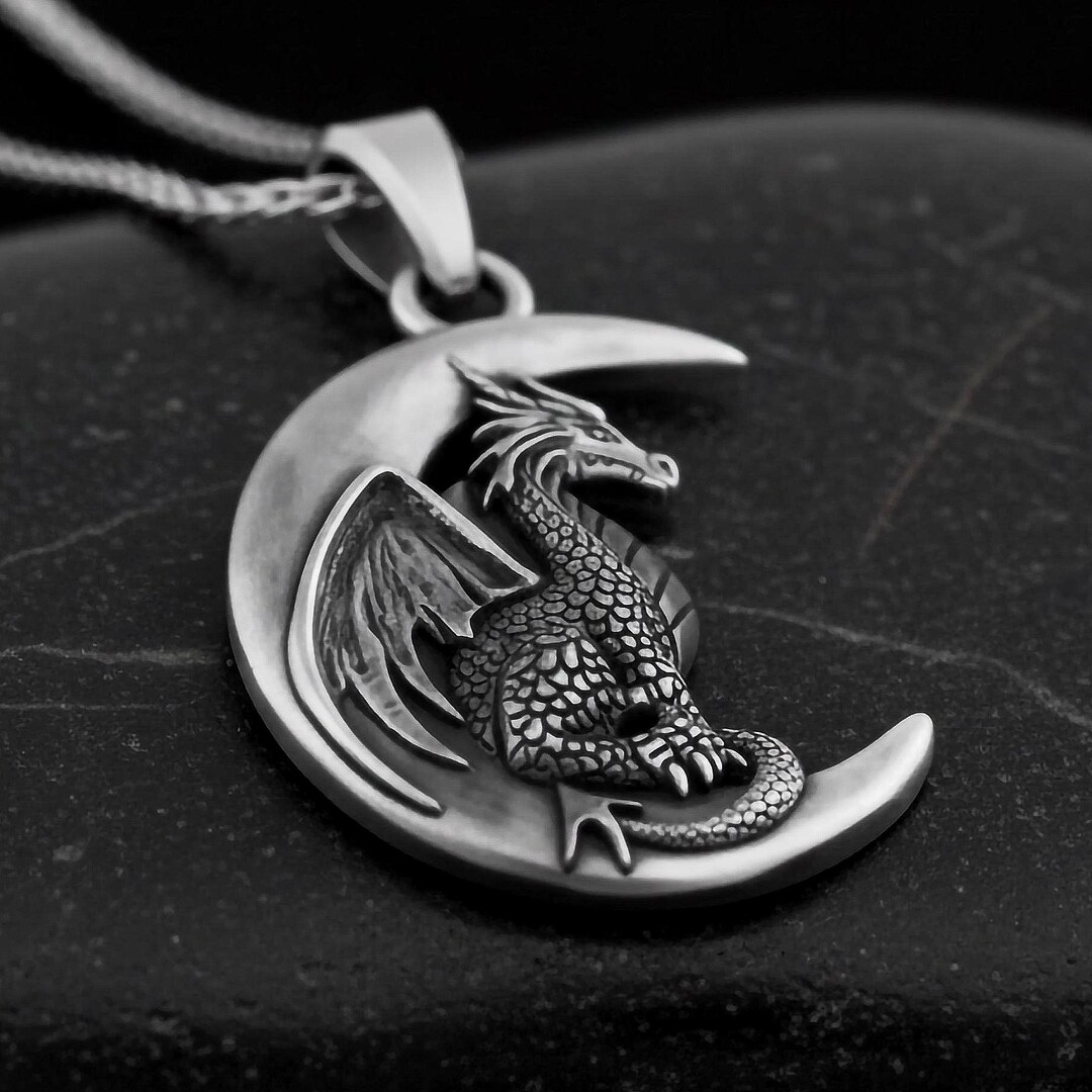 Sterling Silver Dragon Moon Pendant, Fantasy Necklace - Etsy