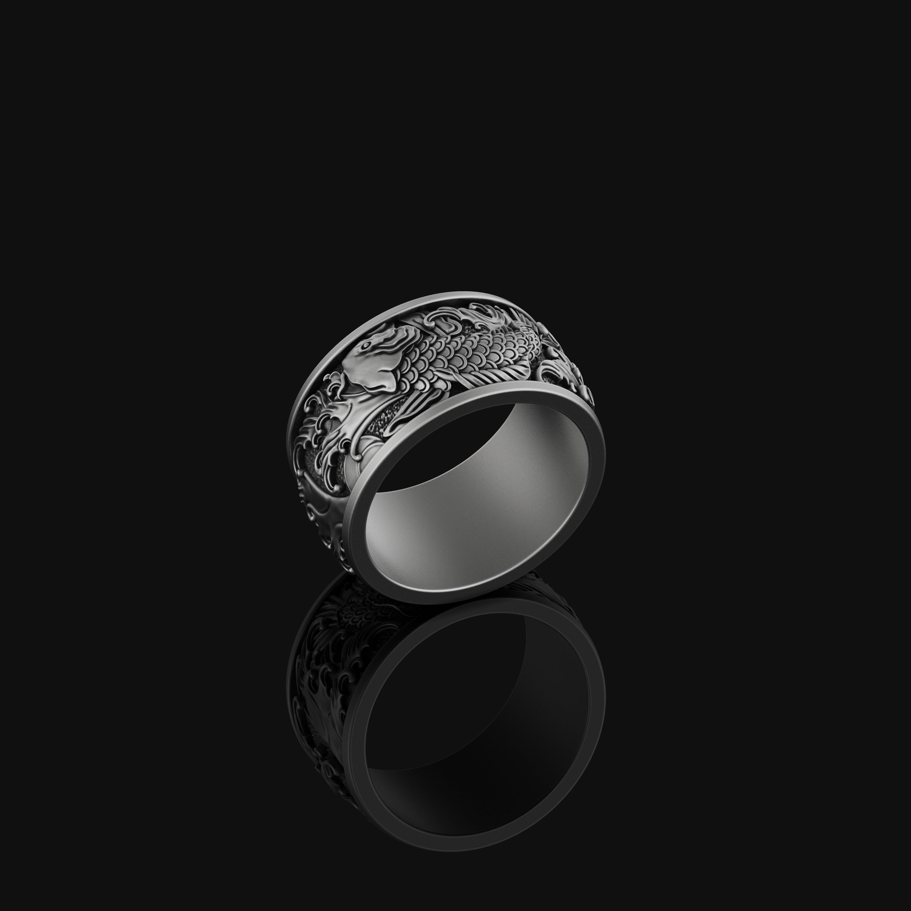 Carp Waves Ring, Koi Fish Band, Ocean Inspired Jewelry, Asian Art Ring ...