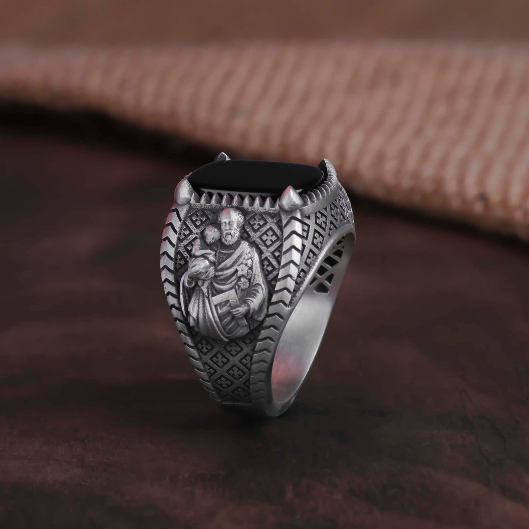 St Joseph Ring, Patron Saint Ring, Cushion Gemstone Ring, Onyx Stone ...