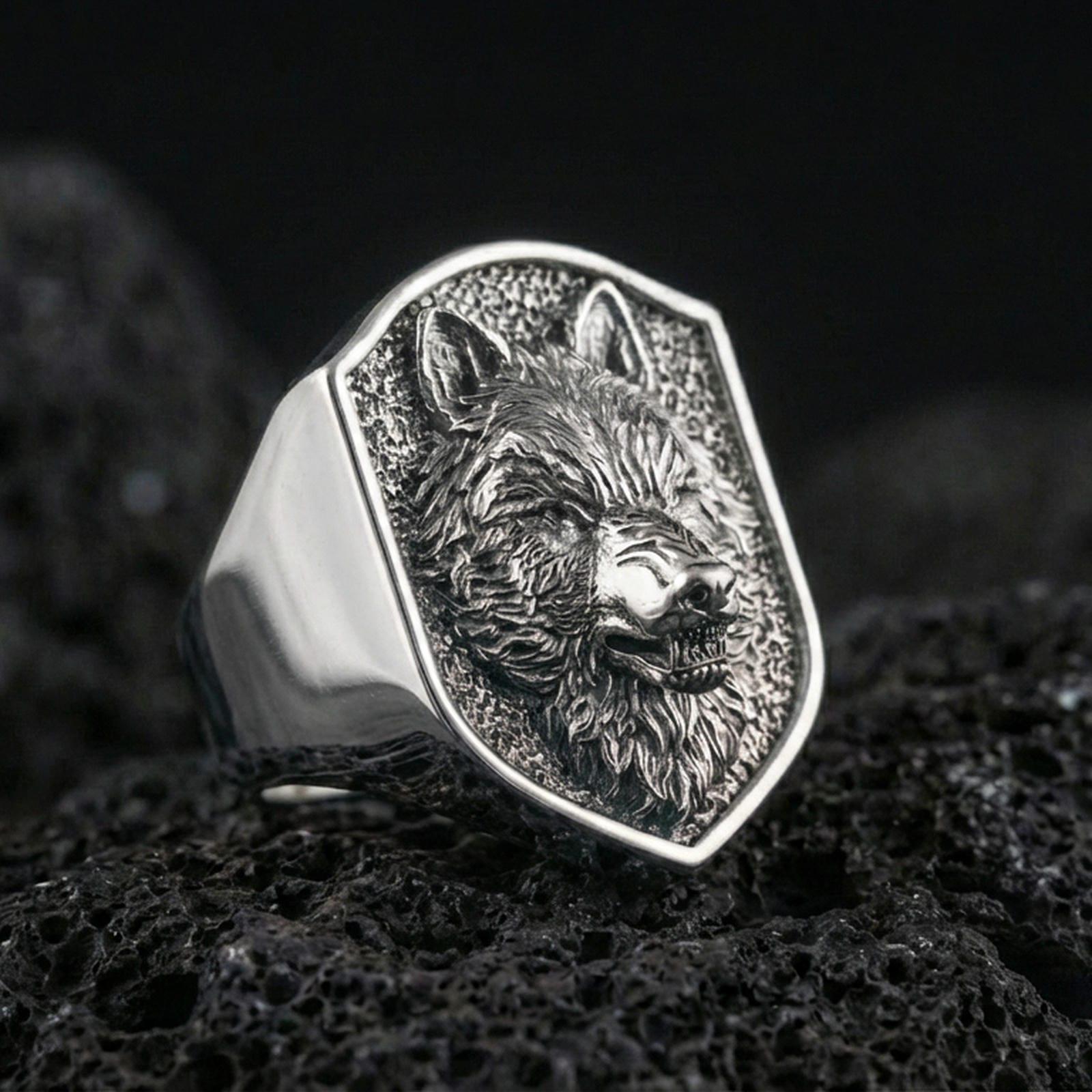 Sterling Silver Wolf Ring, Matte Large Signet Ring, Alpha Head Jewelry ...