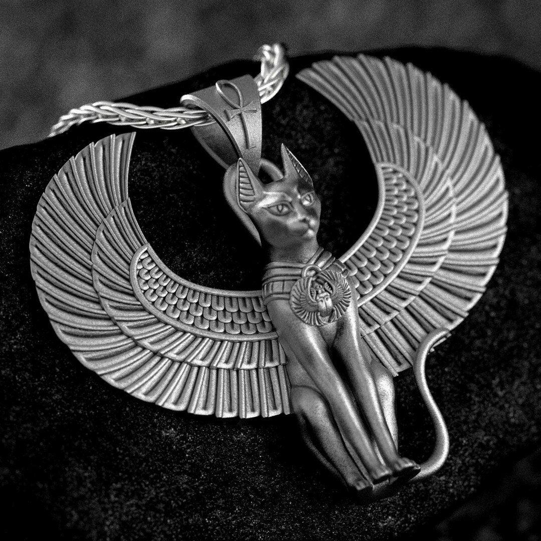 Silver Sphinx Necklace Pendant – Egyptian Cat Goddess Winged Jewelry ...