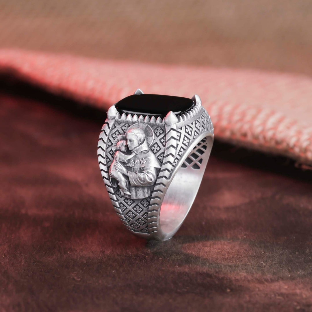 St Anthony Ring, Christian Jewelry, Saint Gift, Cushion Gemstone, Lapis ...