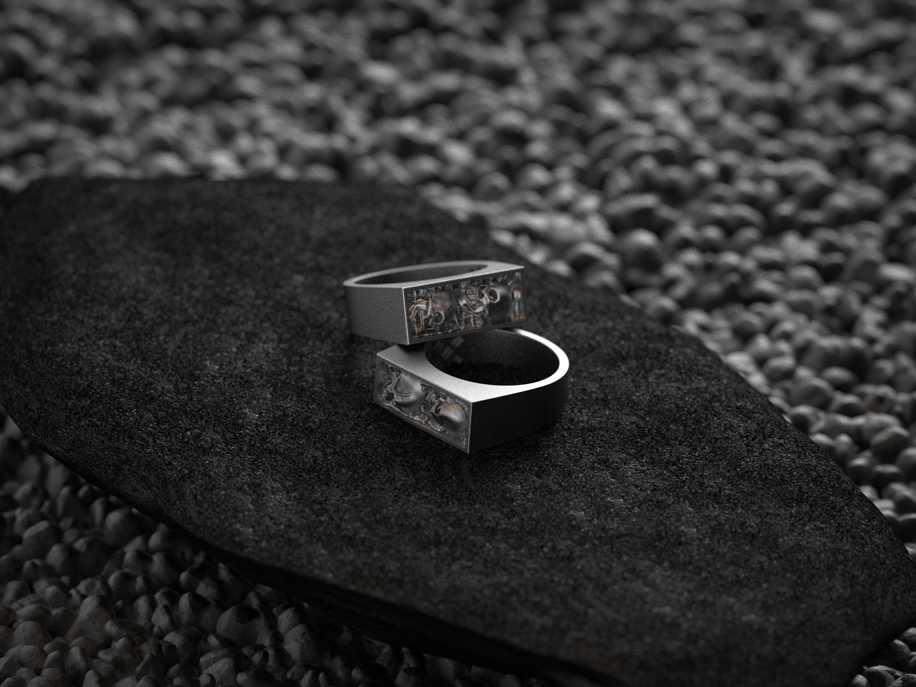Dual Gothic Skull Bar Signet Ring | Sterling Silver & Gold-plated Twin ...