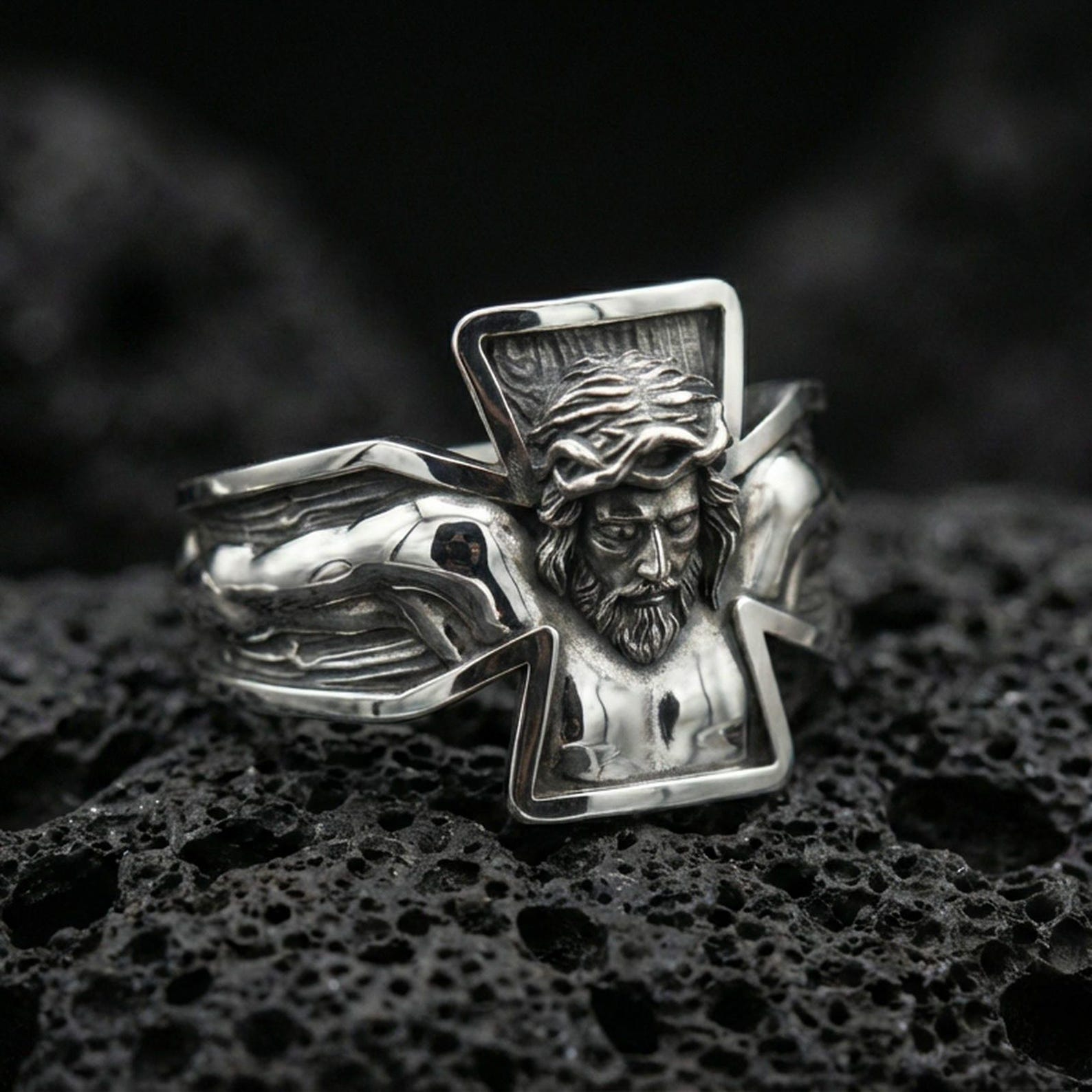 Silver Jesus Crucifixion Band - Religious Jewelry, Christian Faith Ring ...