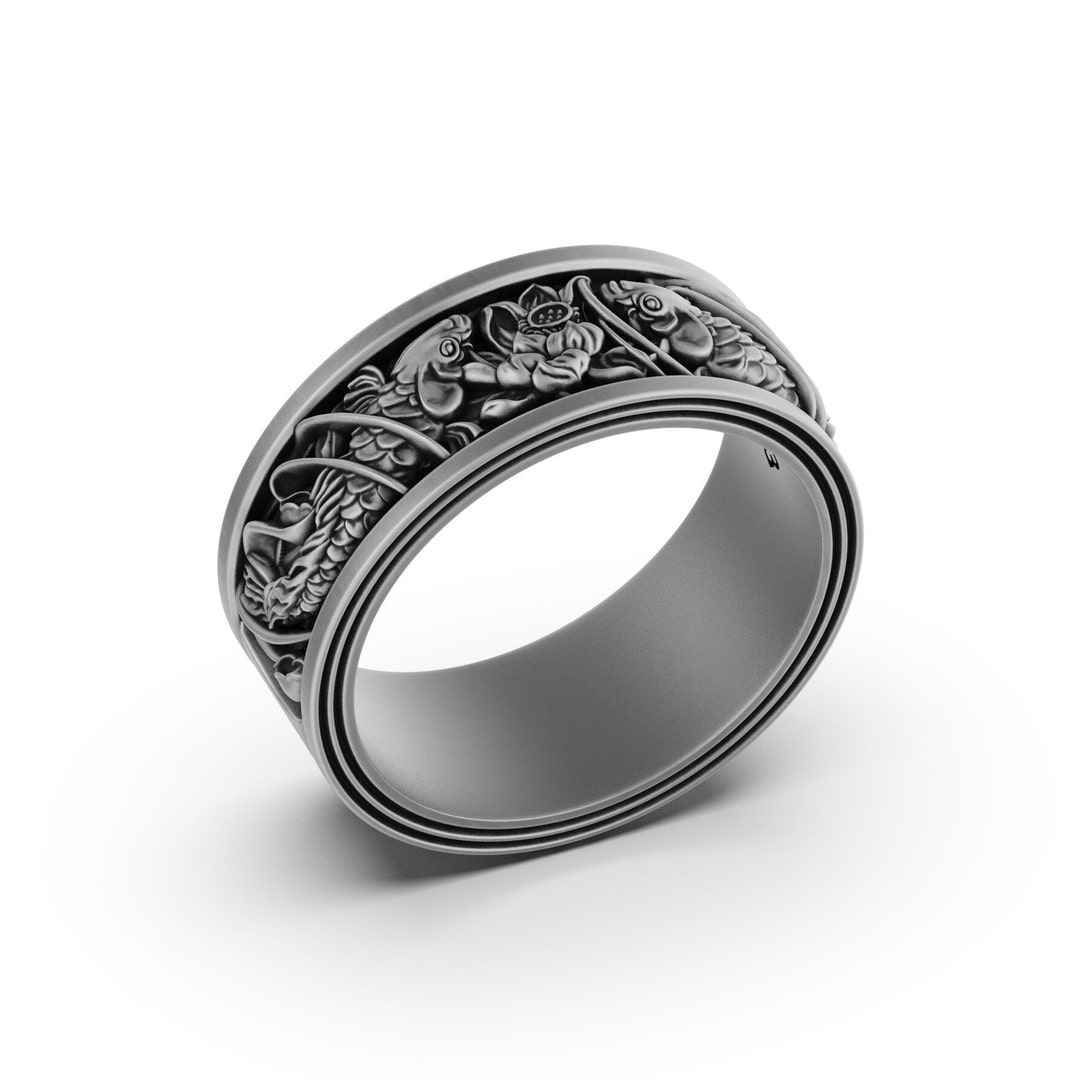 Koi Fish, Pisces Engagement Men's Ring, Japanese Fish Nature Inspired ...