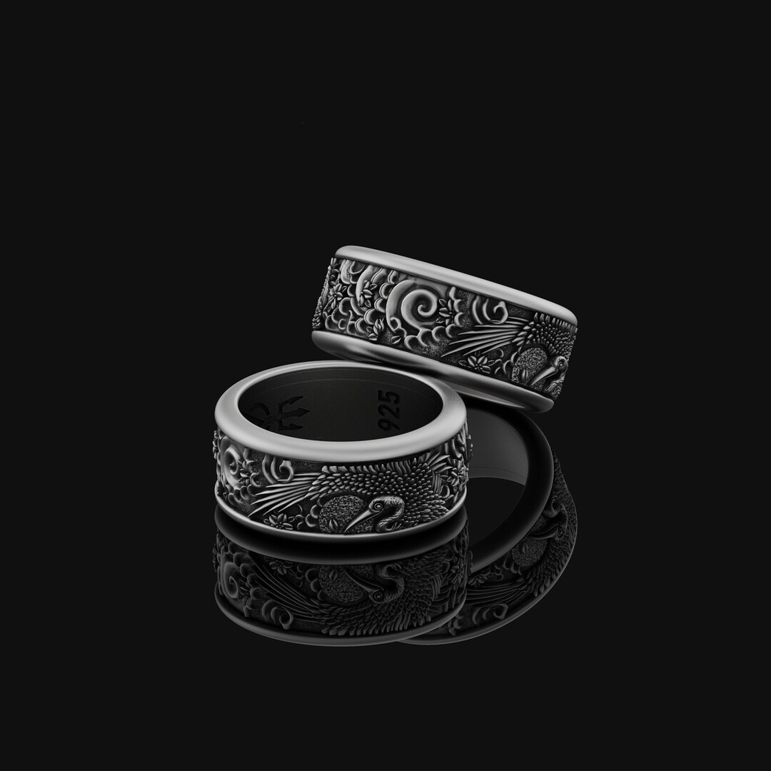 Spinner Fidget Crane Wedding Band Ring, Engravable Inside, Elegant Bird Design, Unique Symbol of ...