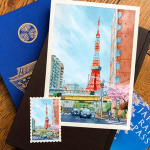 Tokyo Tower in Spring / Stamp Glossy Vinyl Sticker / Japan Watercolor ...