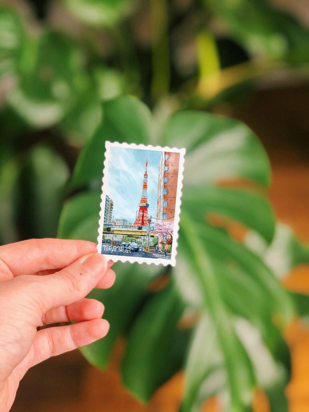 Tokyo Tower in Spring / Stamp Glossy Vinyl Sticker / Japan Watercolor ...