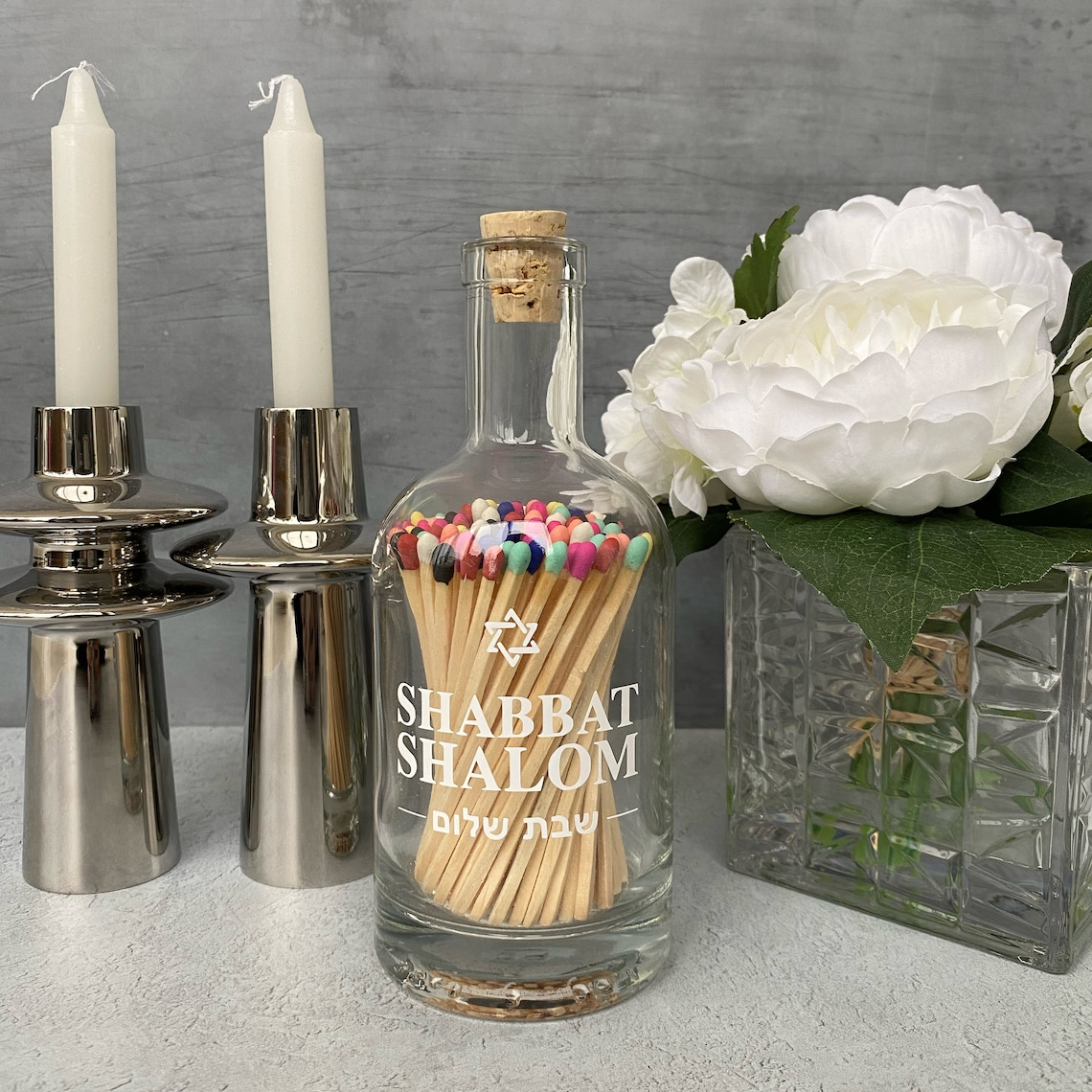 Shabbat Shalom Matchstick Bottle | Judaica Jewish Shabbos Sabbath Host ...