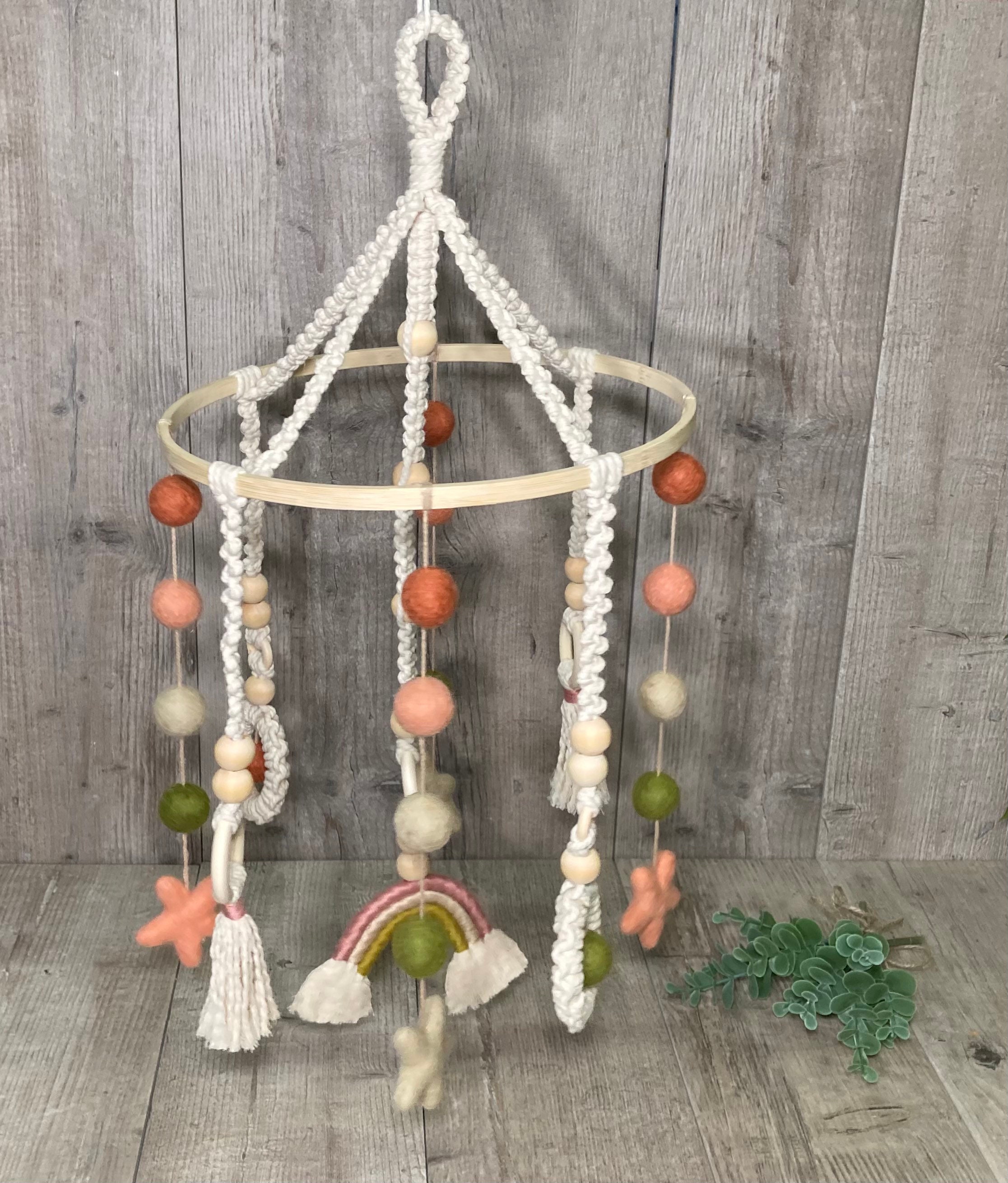Green and pink boho baby macrame mobile. Rainbow and star | Etsy