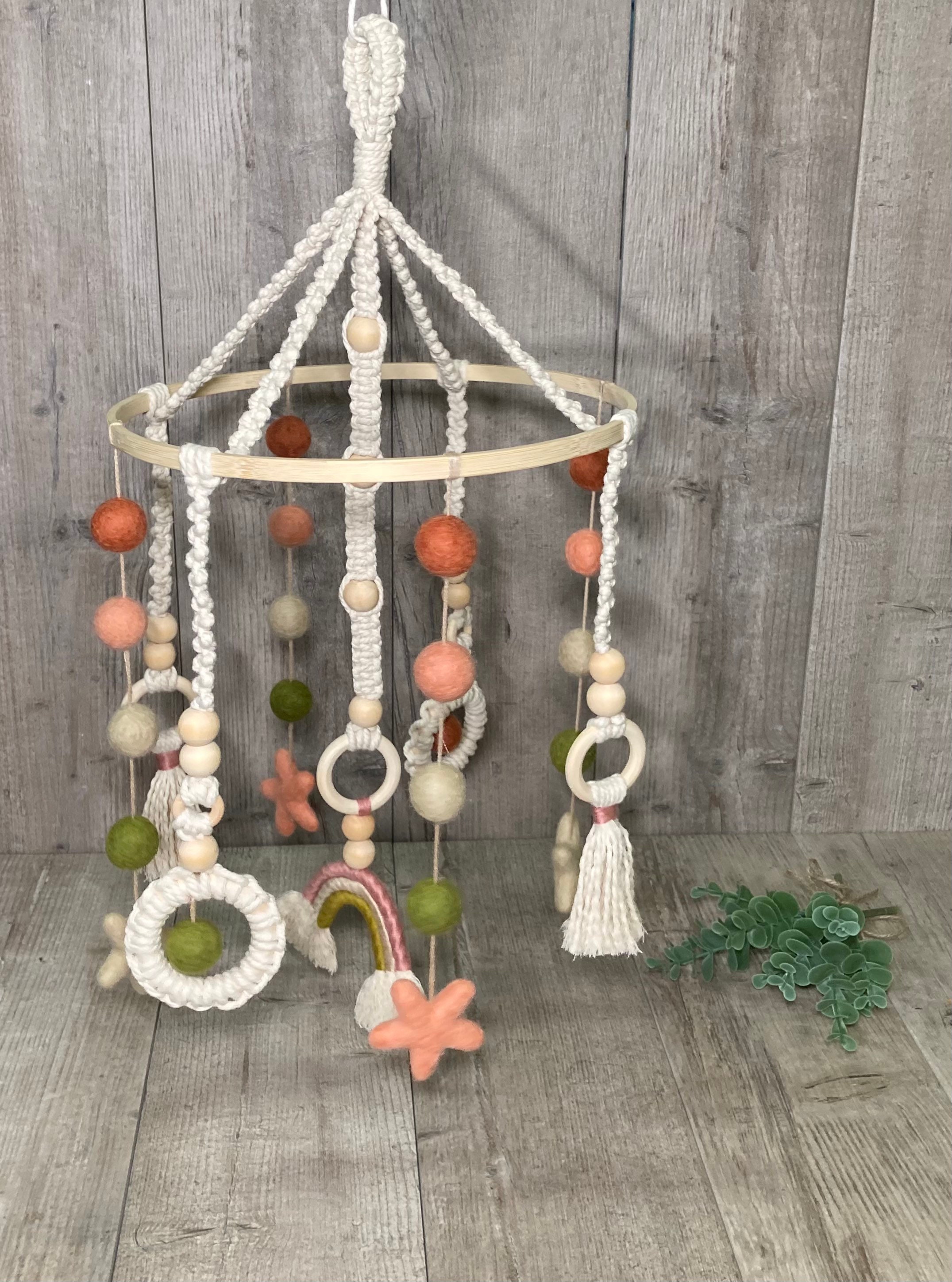 Green and pink boho baby macrame mobile. Rainbow and star | Etsy