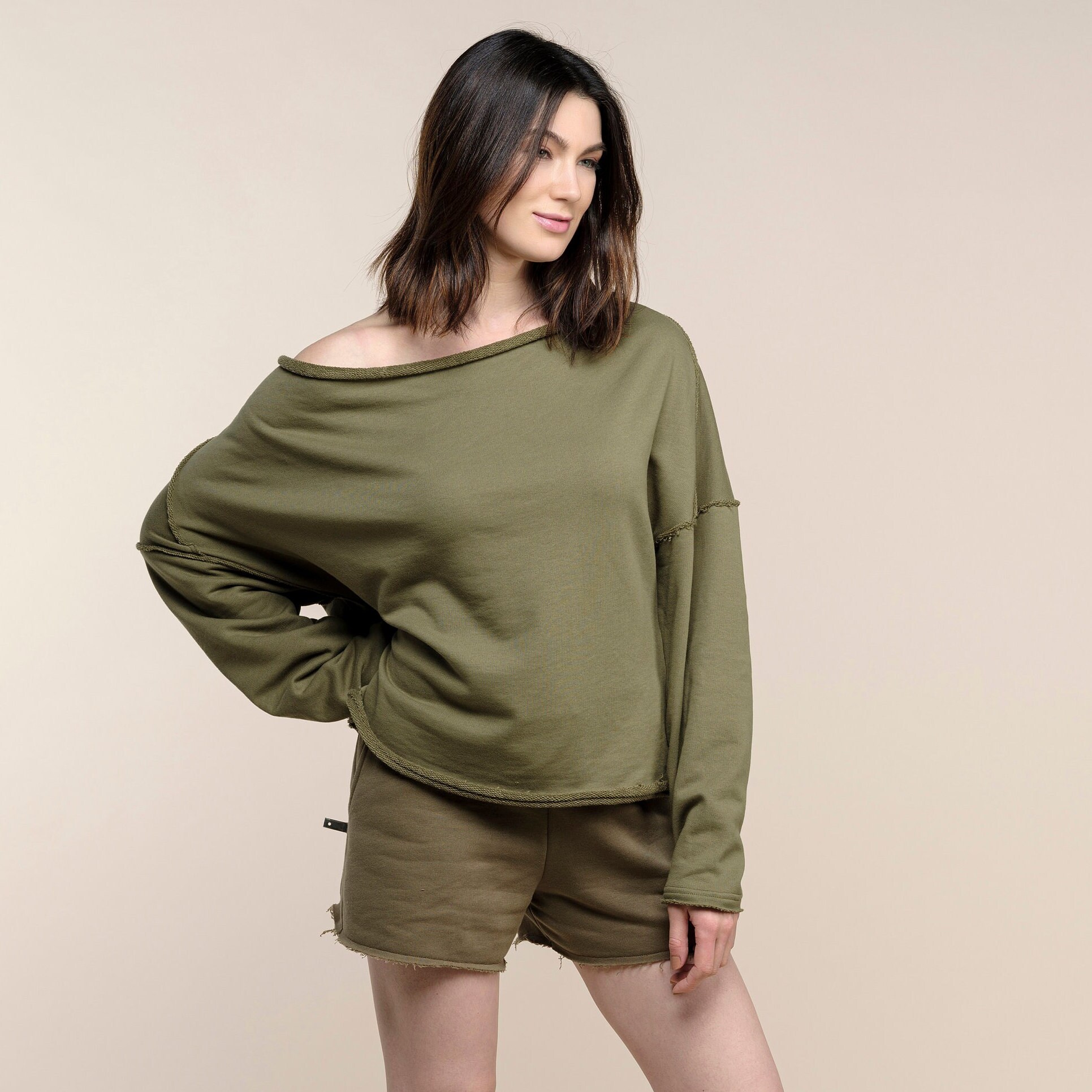 Green Slouchy Top Cotton Drape Neck Top Olive Green Cotton Top Green ...