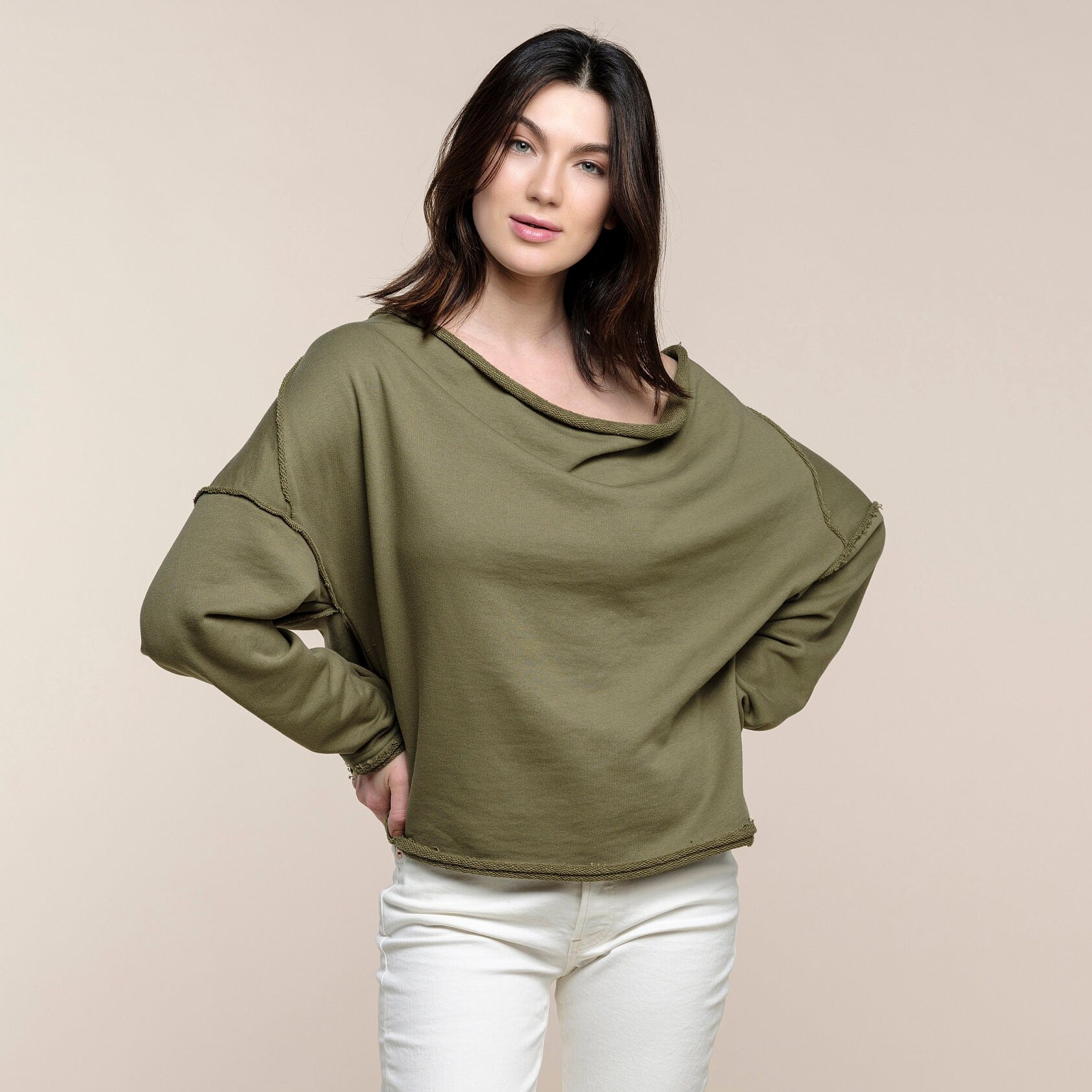 Green Slouchy Top Cotton Drape Neck Top Olive Green Cotton Top Green ...