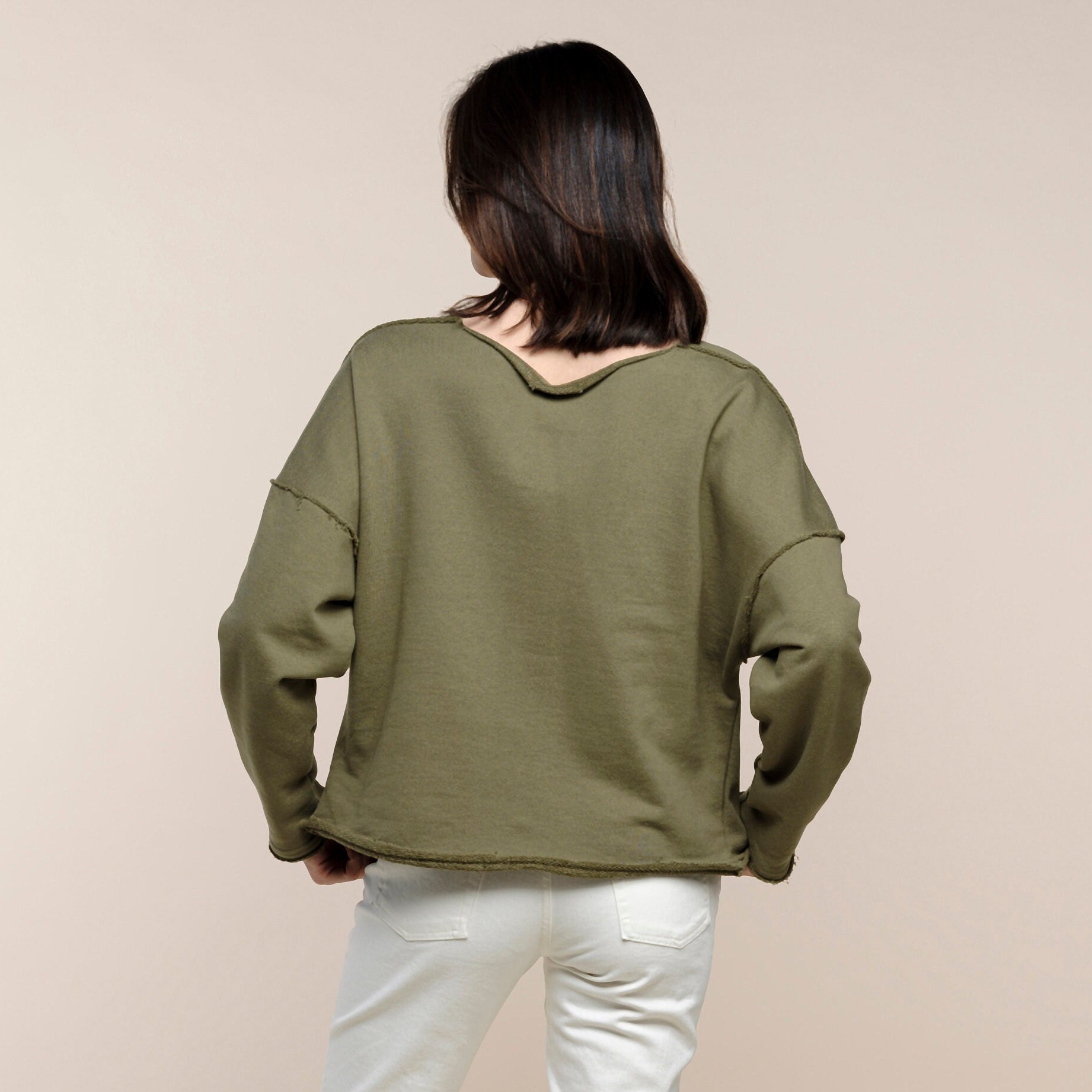Green Slouchy Top Cotton Drape Neck Top Olive Green Cotton Top Green ...