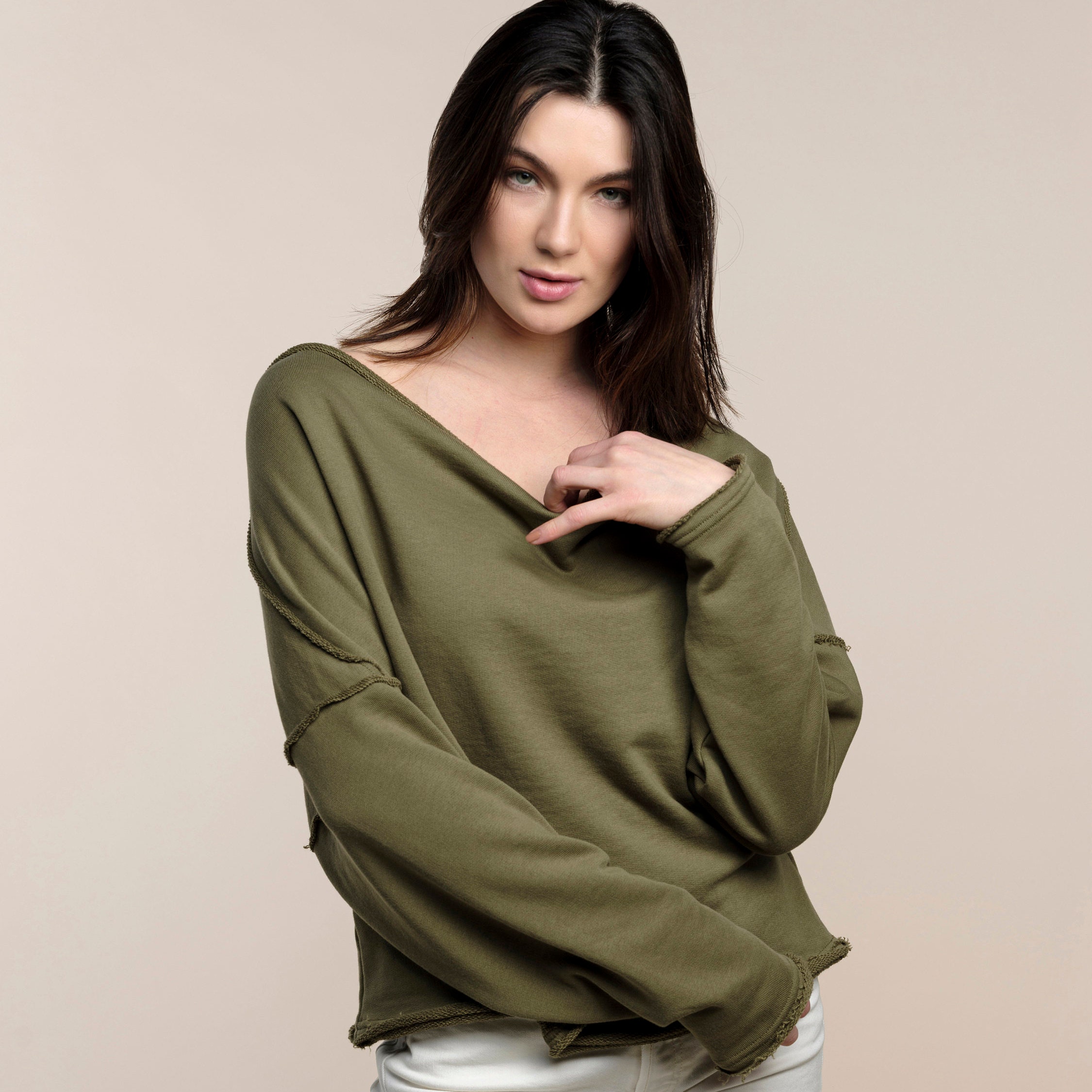 Green Slouchy Top Cotton Drape Neck Top Olive Green Cotton Top Green ...