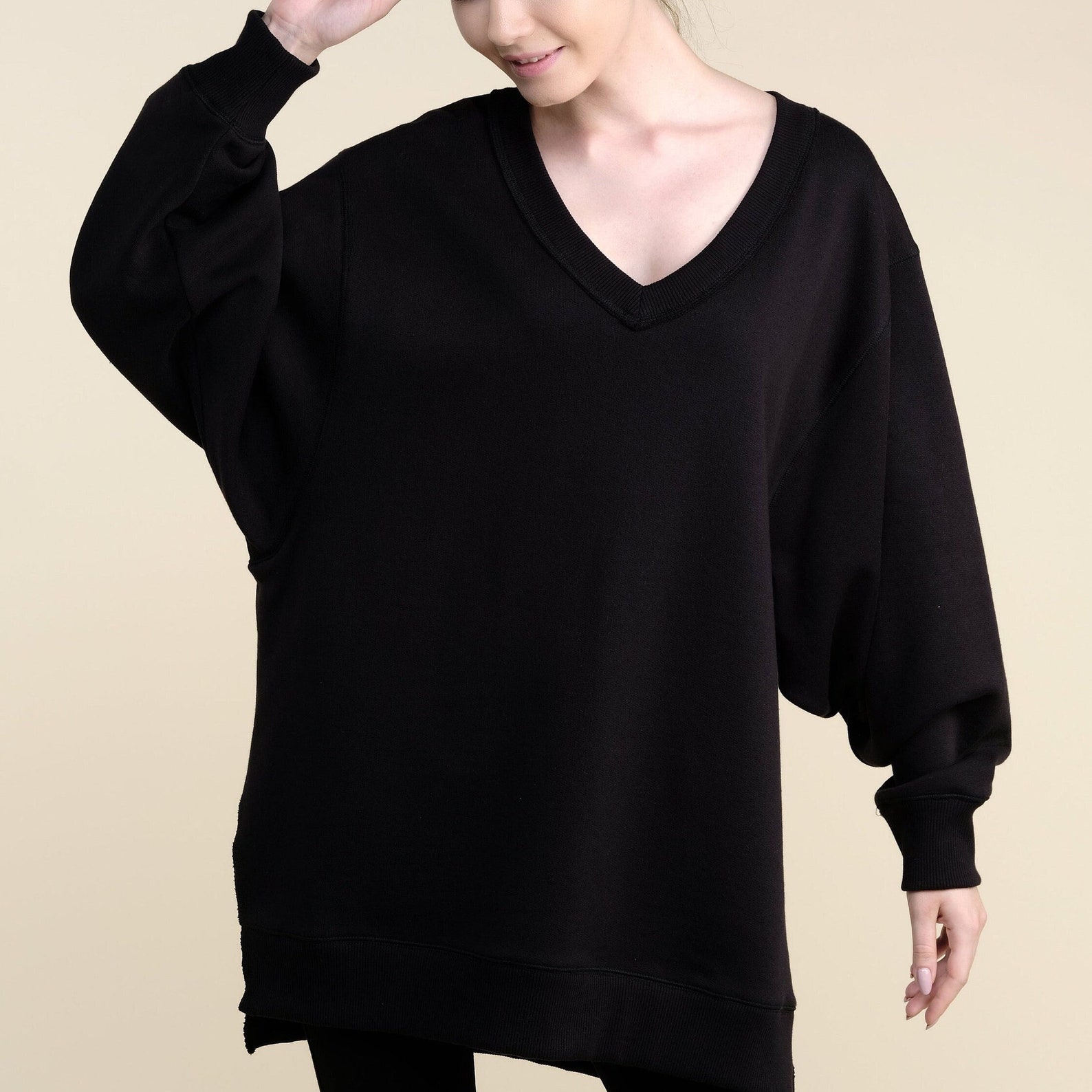 Womens Black Tunic Top Woman Oversized Sweatshirt Black Comfortable