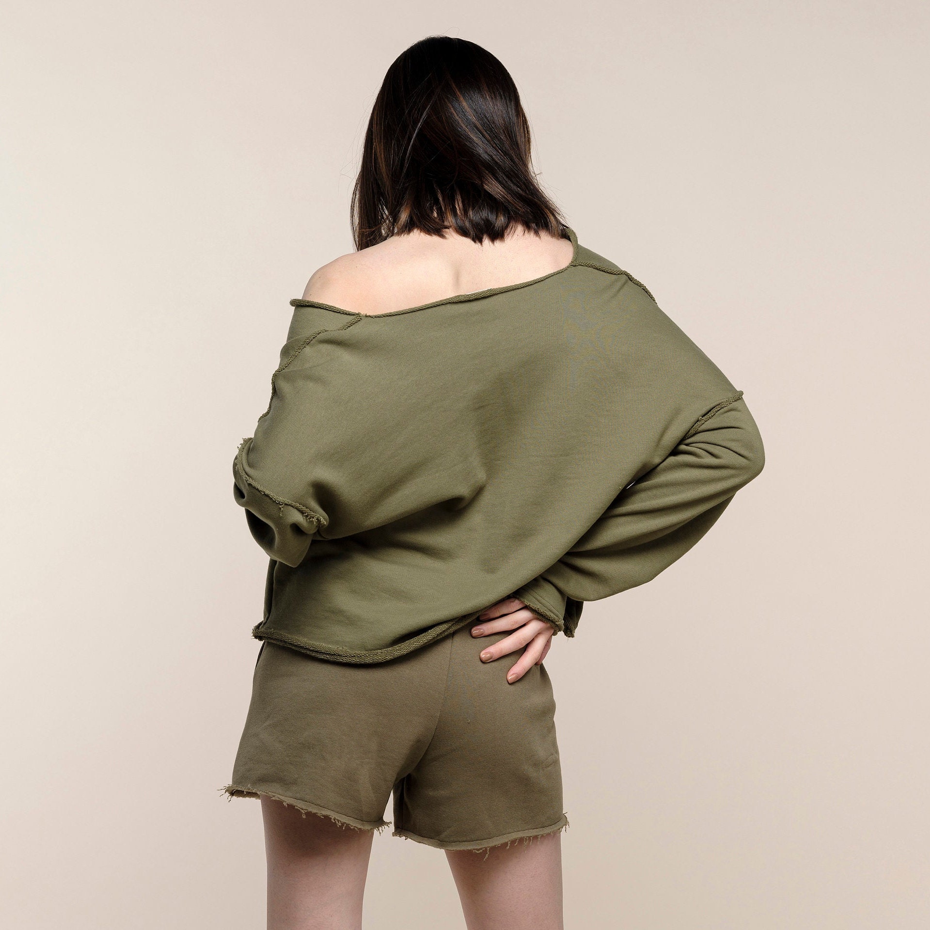 Green Slouchy Top Cotton Drape Neck Top Olive Green Cotton Top Green ...