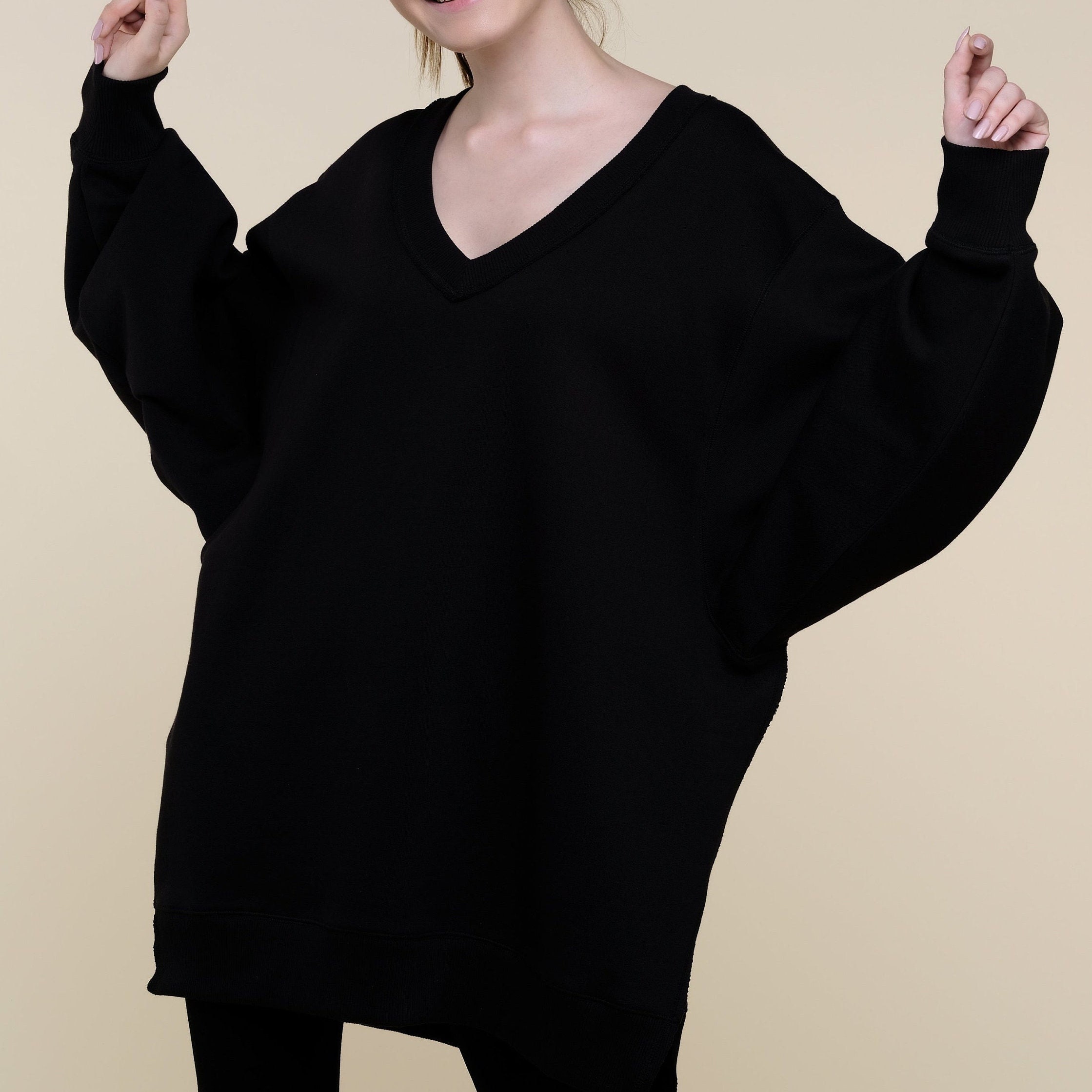 Womens Black Tunic Top Woman Oversized Sweatshirt Black Comfortable