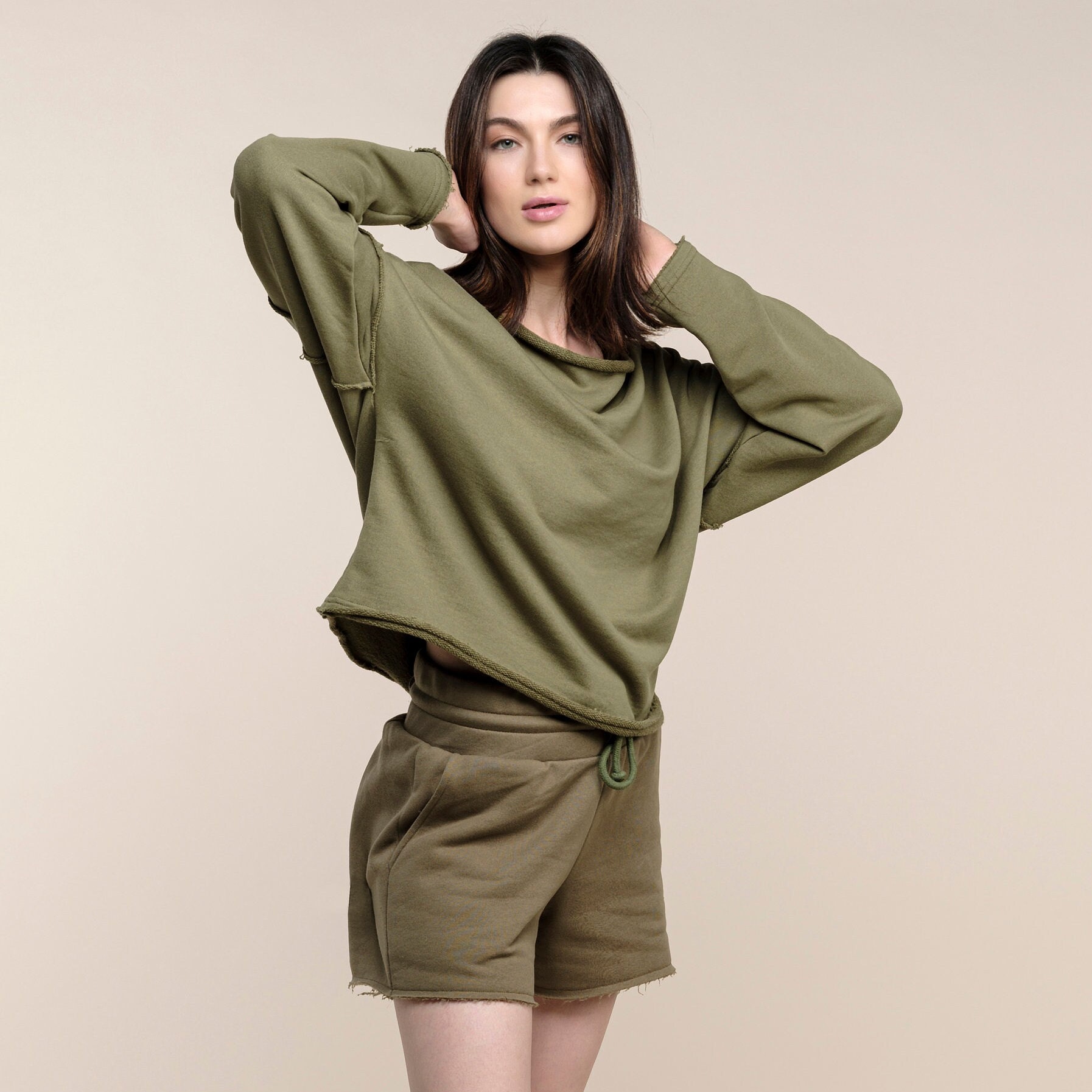 Green Slouchy Top Cotton Drape Neck Top Olive Green Cotton Top Green ...
