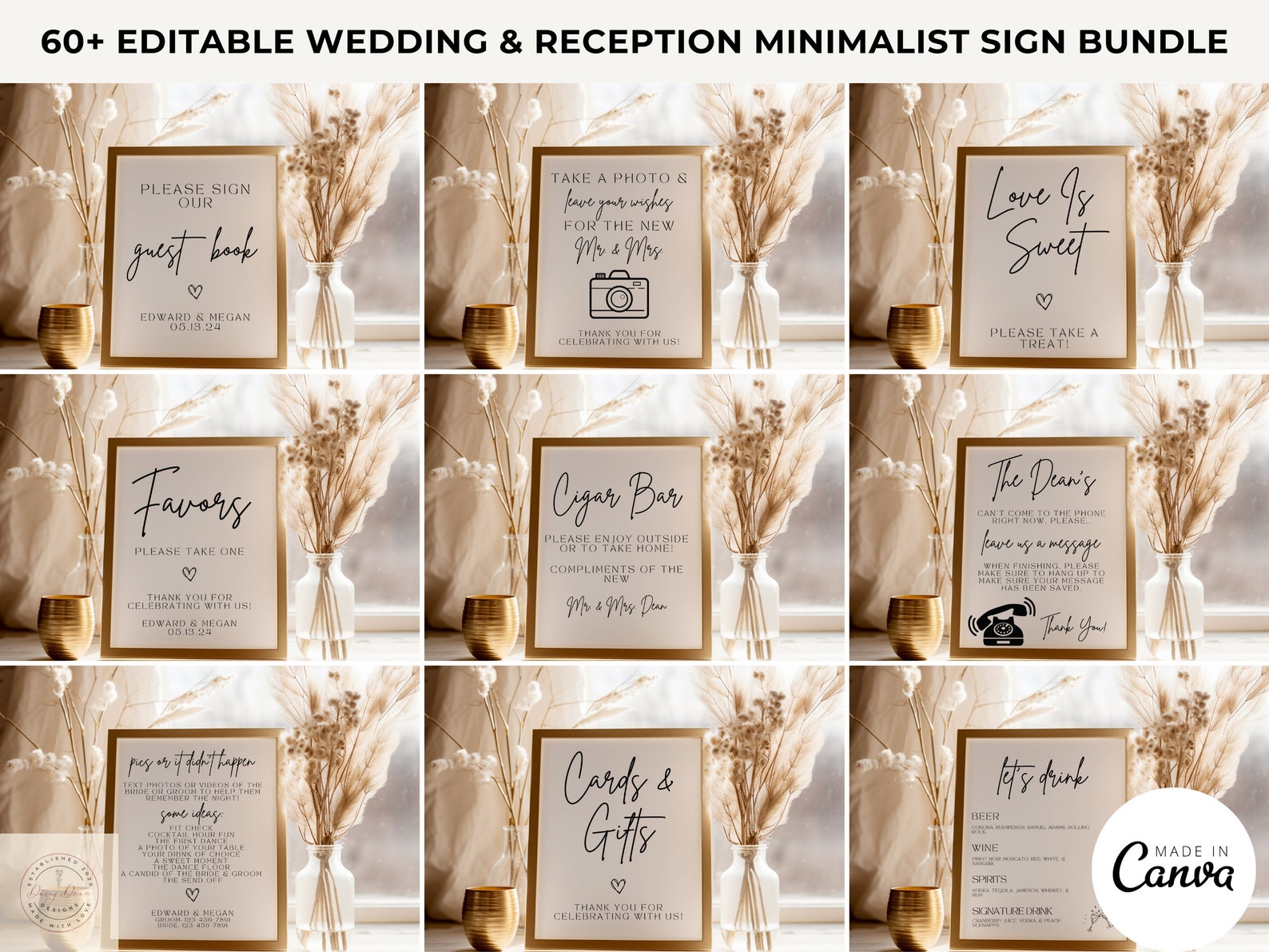 60 Minimalist Wedding Sign Bundle, Wedding Sign Template Bundle, Modern ...