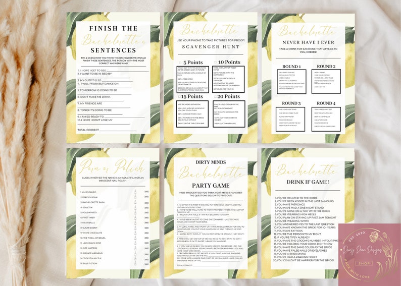 Lemon Bachelorette Party Games Pack Bundle, 12 Games, Minimalist, Dirty ...