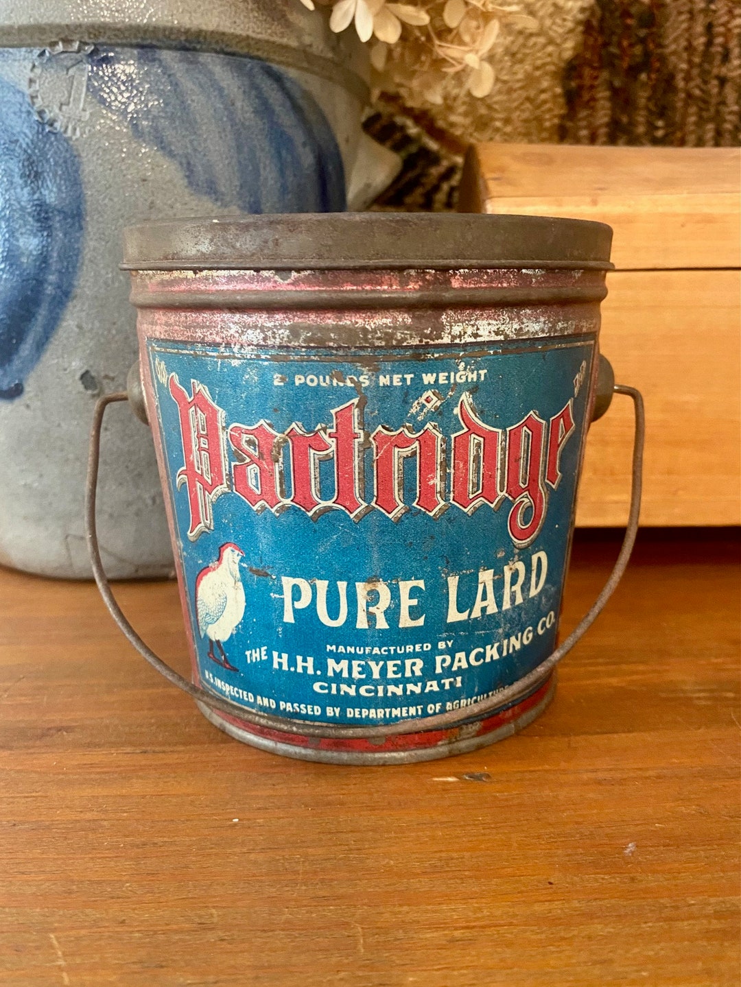 C1930s Antique BLUE "partridge Pure Lard Tin, H.H. Meyer Packing Co ...