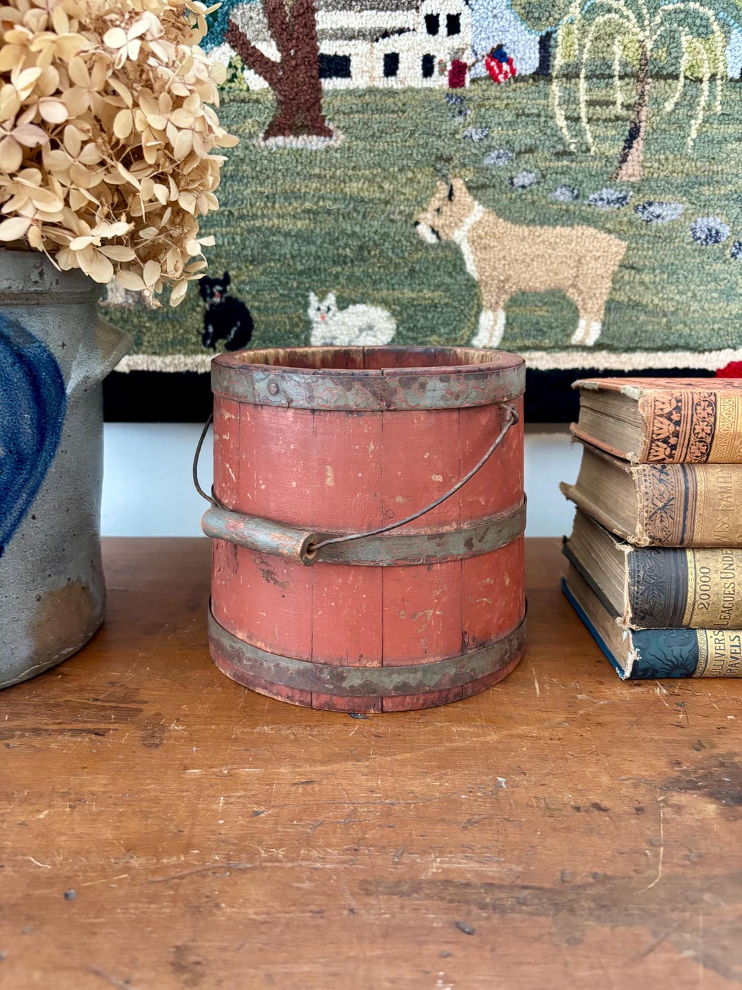 Antique Staved Wooden Bucket With Bands in Original Red Paint With Bail ...