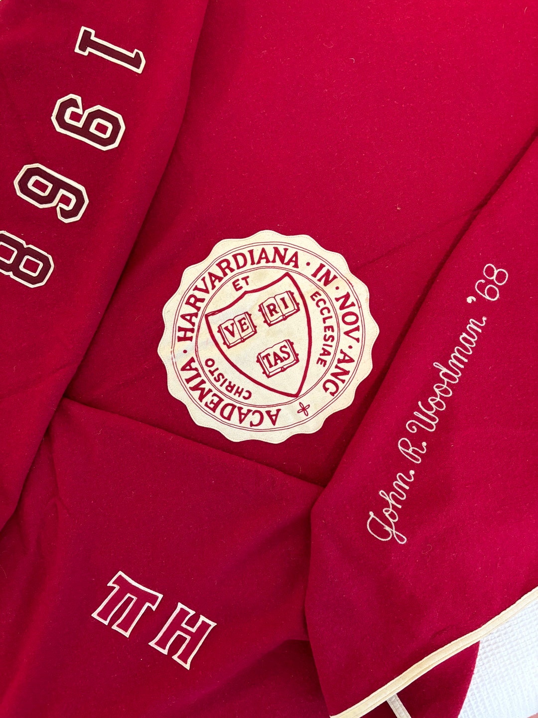 C1968 Vintage Harvard University Embroidered Wool Blanket / Throw Theta ...