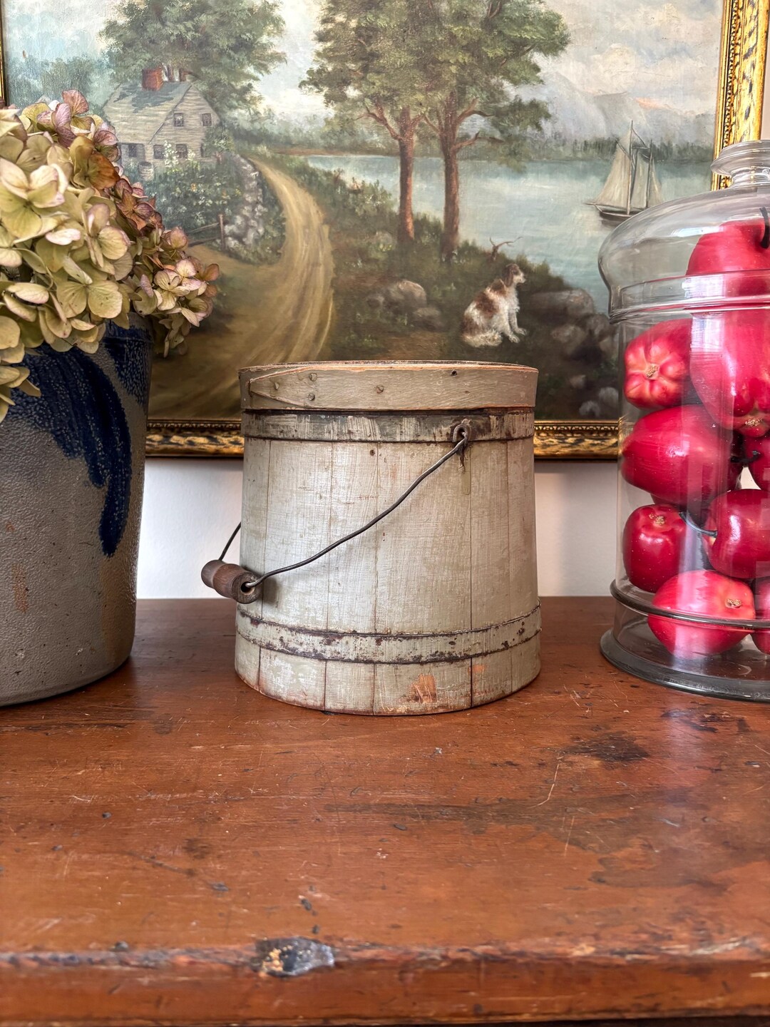 C1800s Antique Sugar Bucket Firkin W/ Lid and Handle in Blue-grey Green ...
