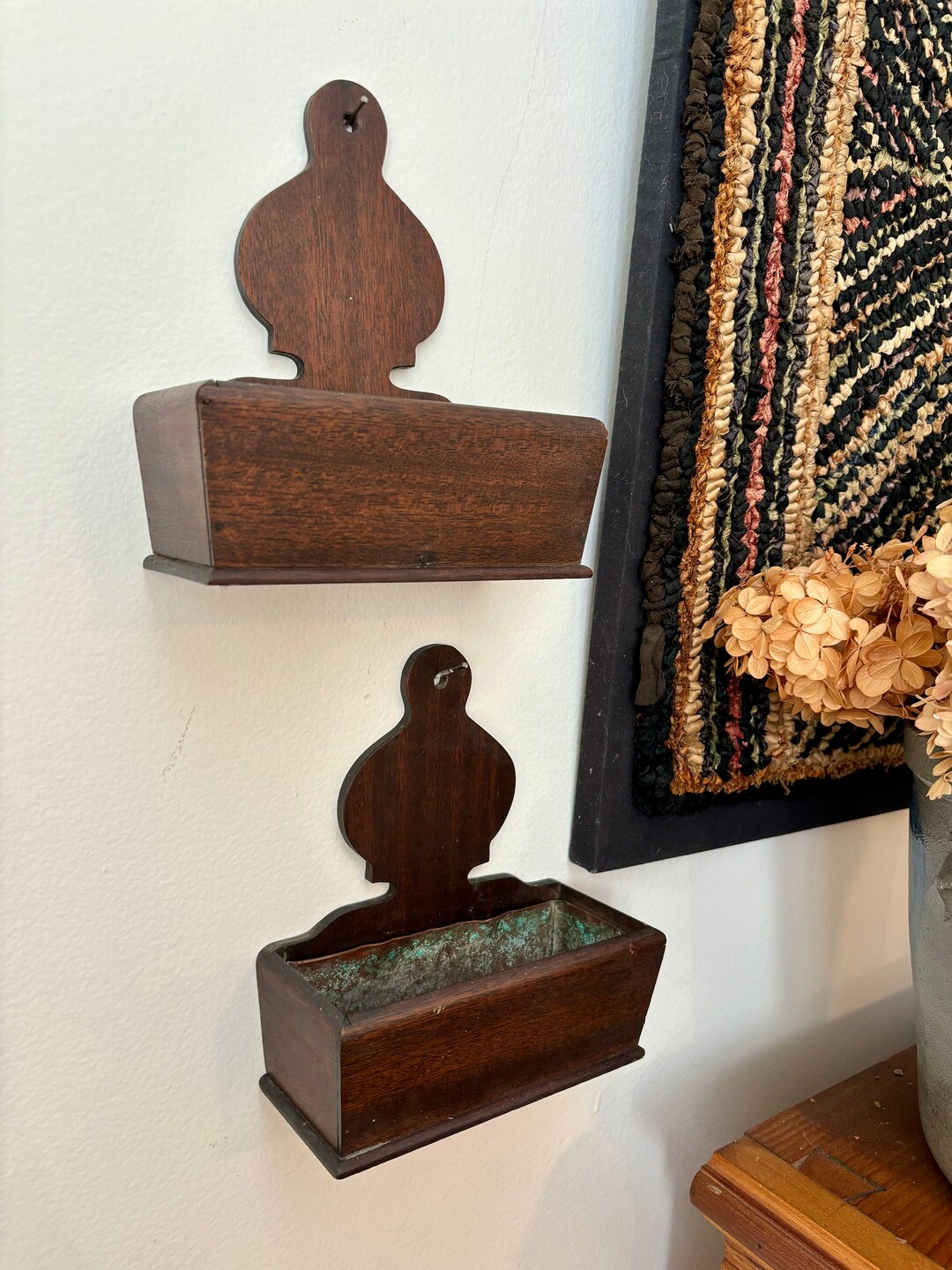Pair of Antique Walnut Wooden Hanging Wall Boxes With Copper Inserts - Etsy
