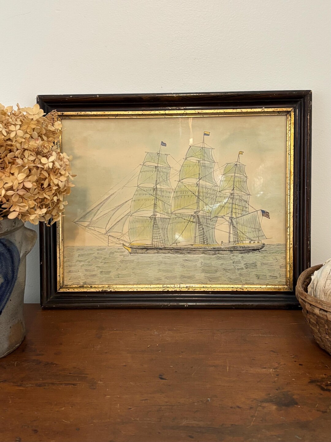 Antique Hand Colored Pen and Ink of Sailing Ship - Etsy