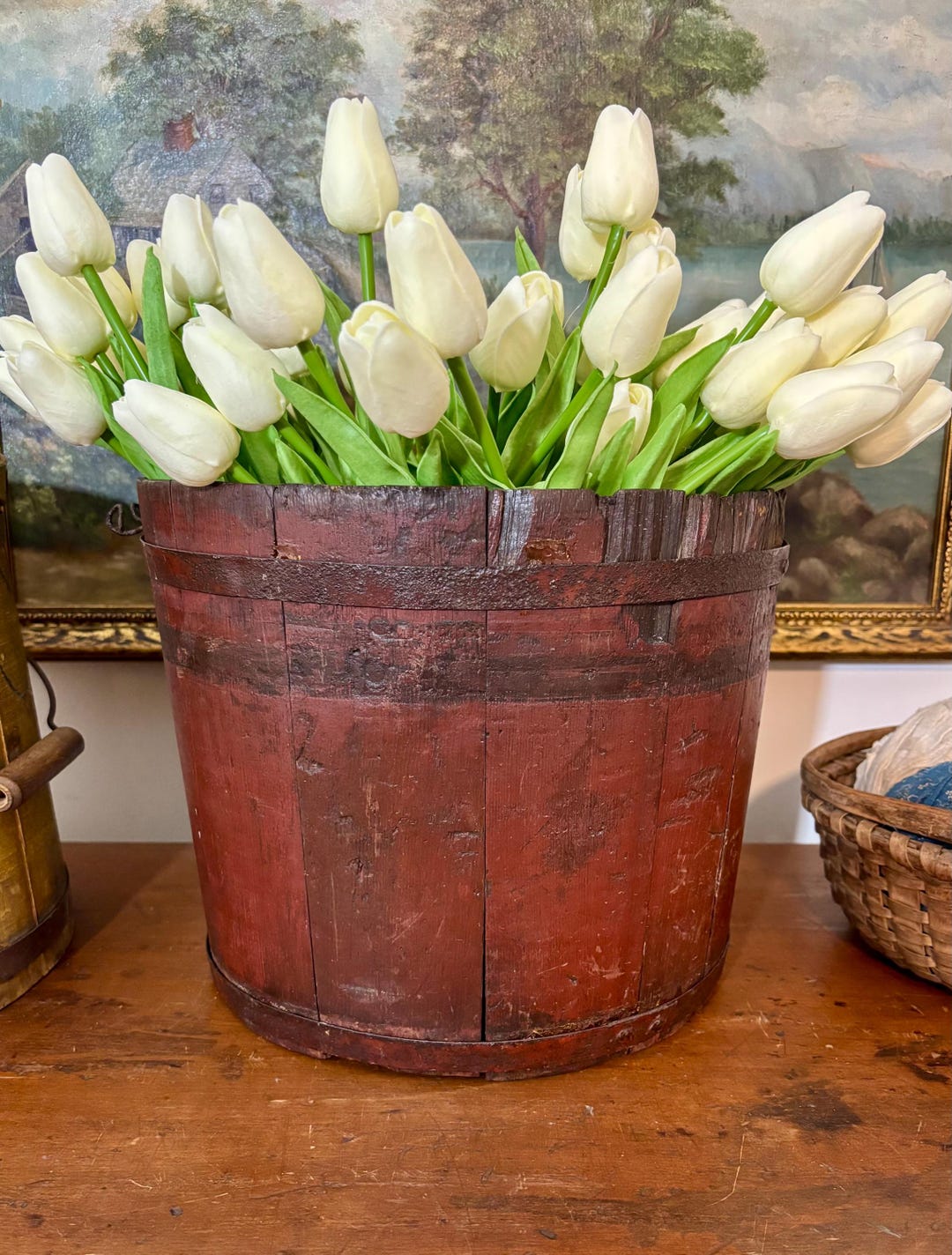 C1800s Antique Vintage Staved Wooden Bucket in Early / Original Red ...