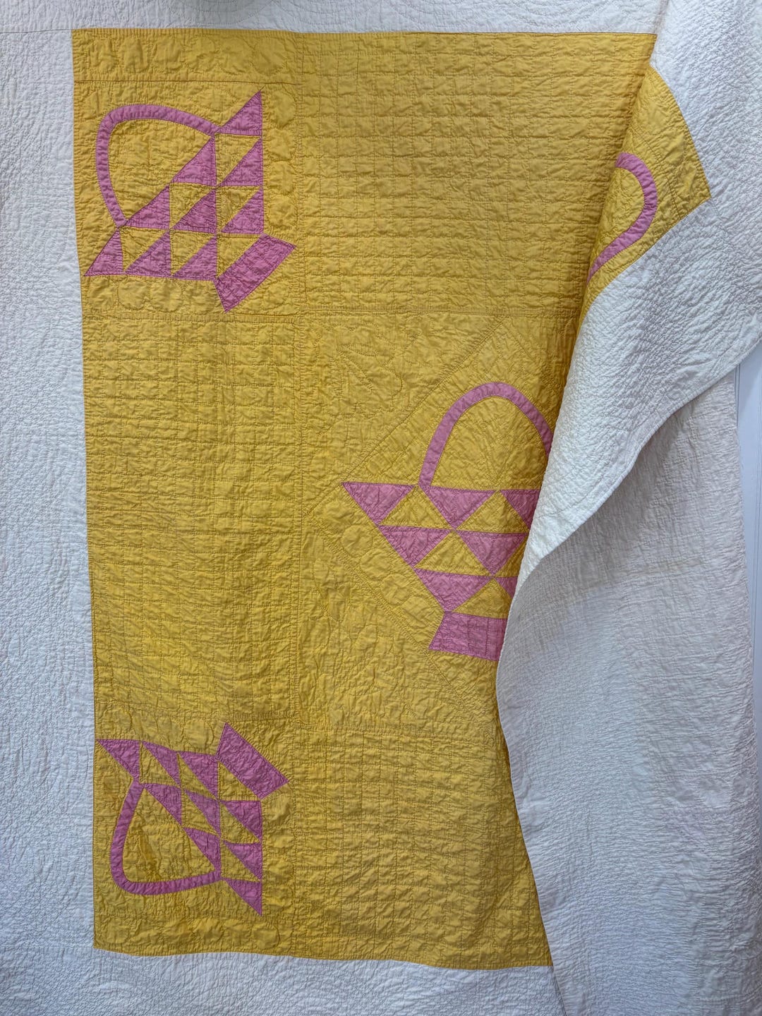 Vintage 1930s Pink, Cheddar and Cream Basket of Flowers Quilt – Hand ...