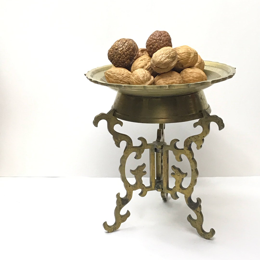 Vintage Brass Altar Offering Plate With Folding Brass Stand, Chinese ...