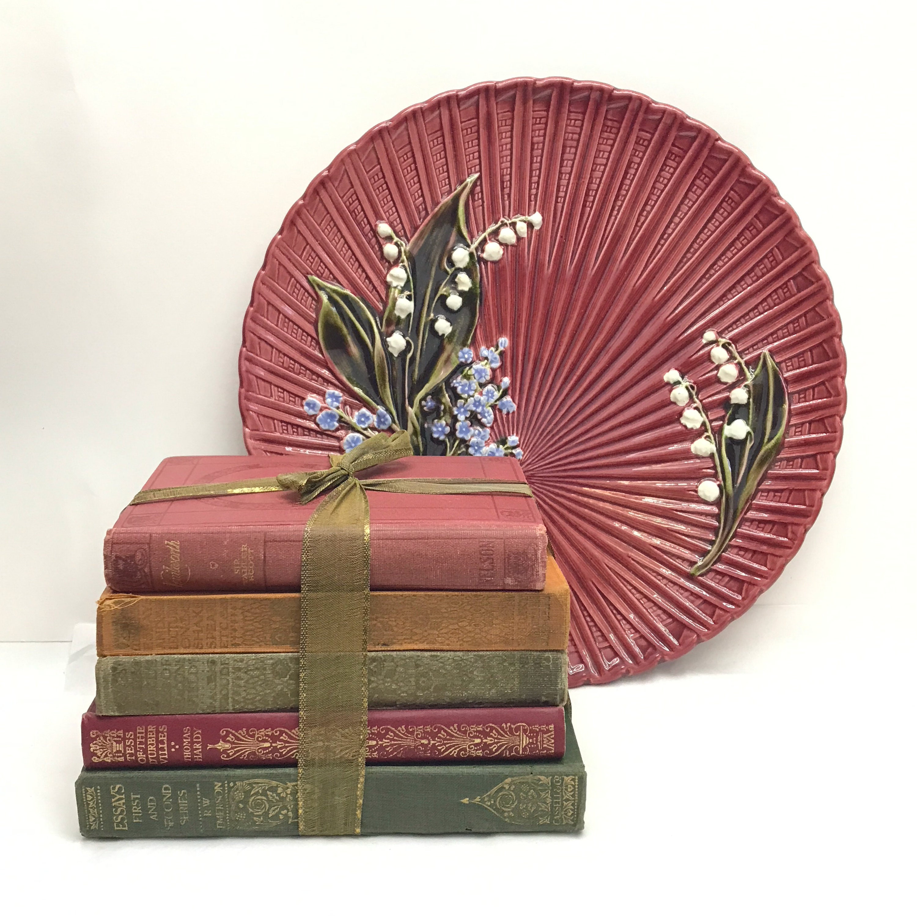 German Majolica Lily of the Valley Plate, Maroon, 11.5 Inch Round ...