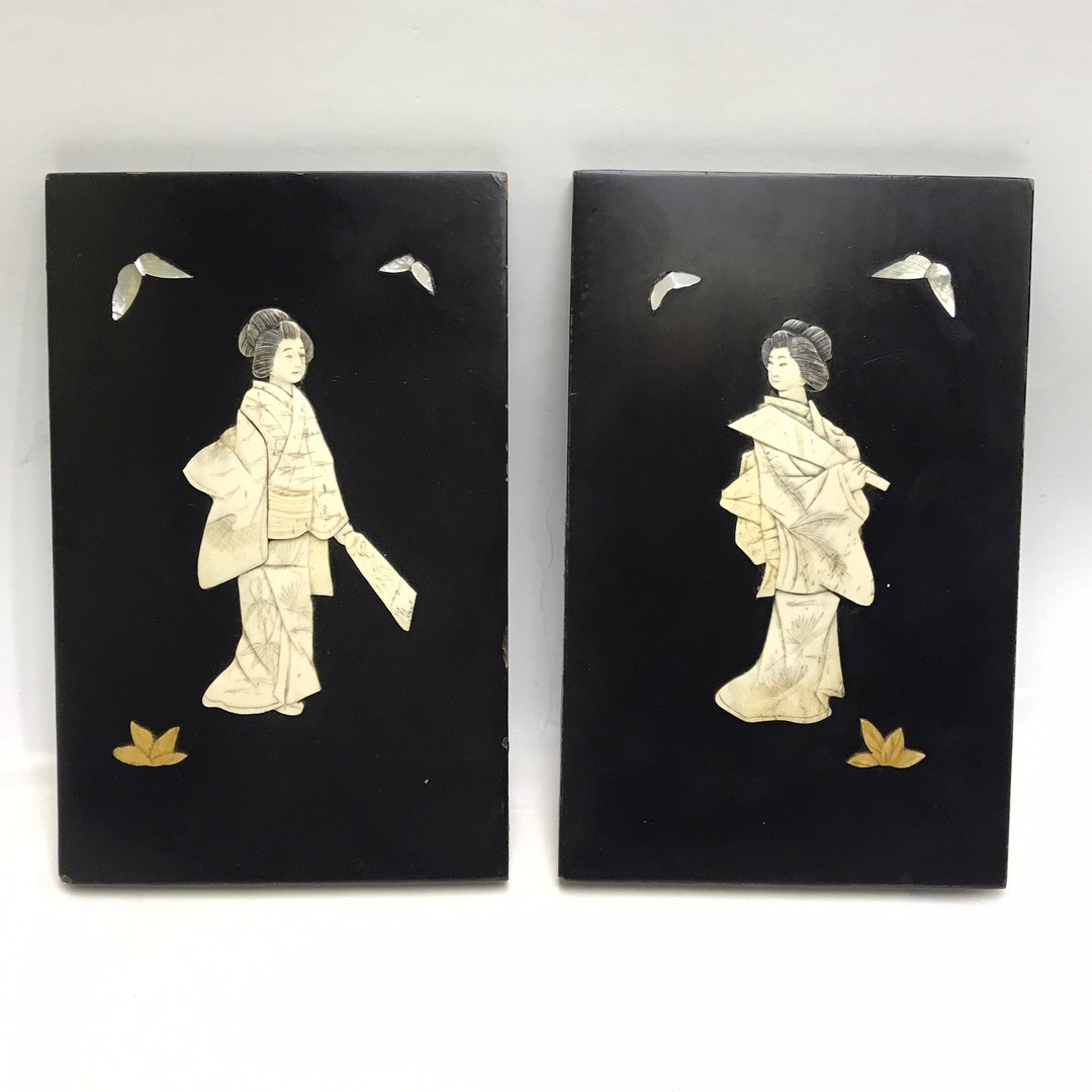 Pair of Small Antique Japanese Inlay Panels, 9X5 Inches, Geisha Figures ...
