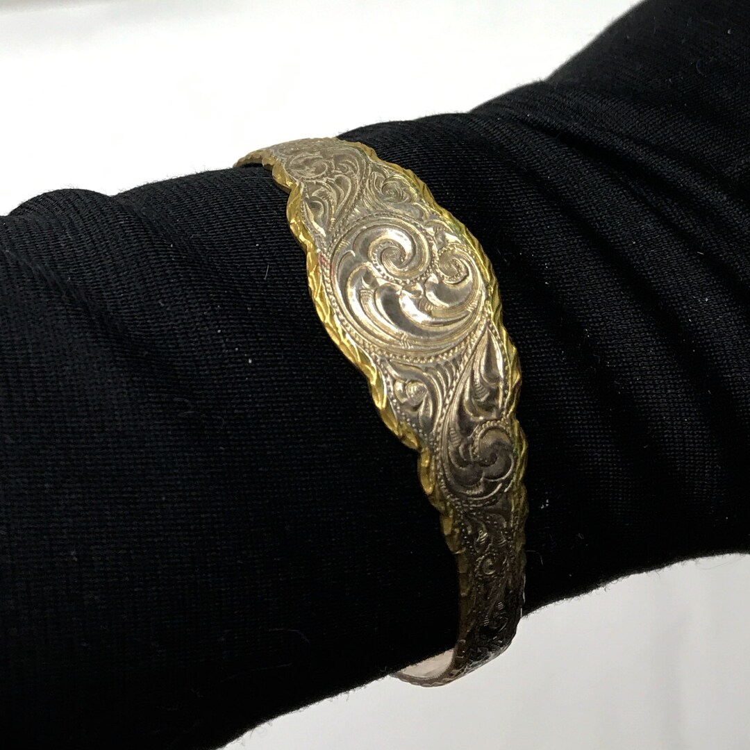 Crumrine Cuff Bracelet, Etched Gold and Silver Metal Bangle - Etsy