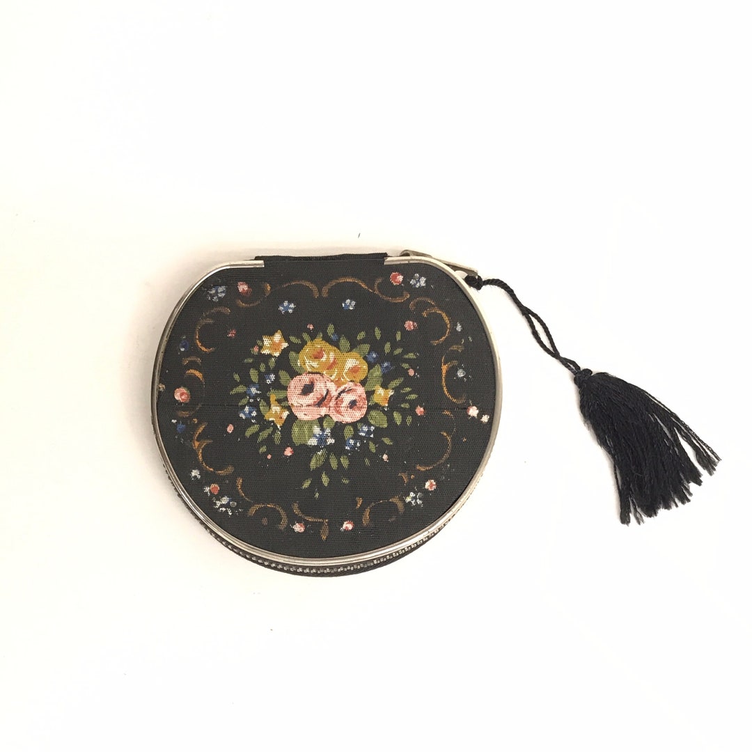 Hand-painted Fabric Compact With Zipper Closure, Vintage Pocket Mirror ...