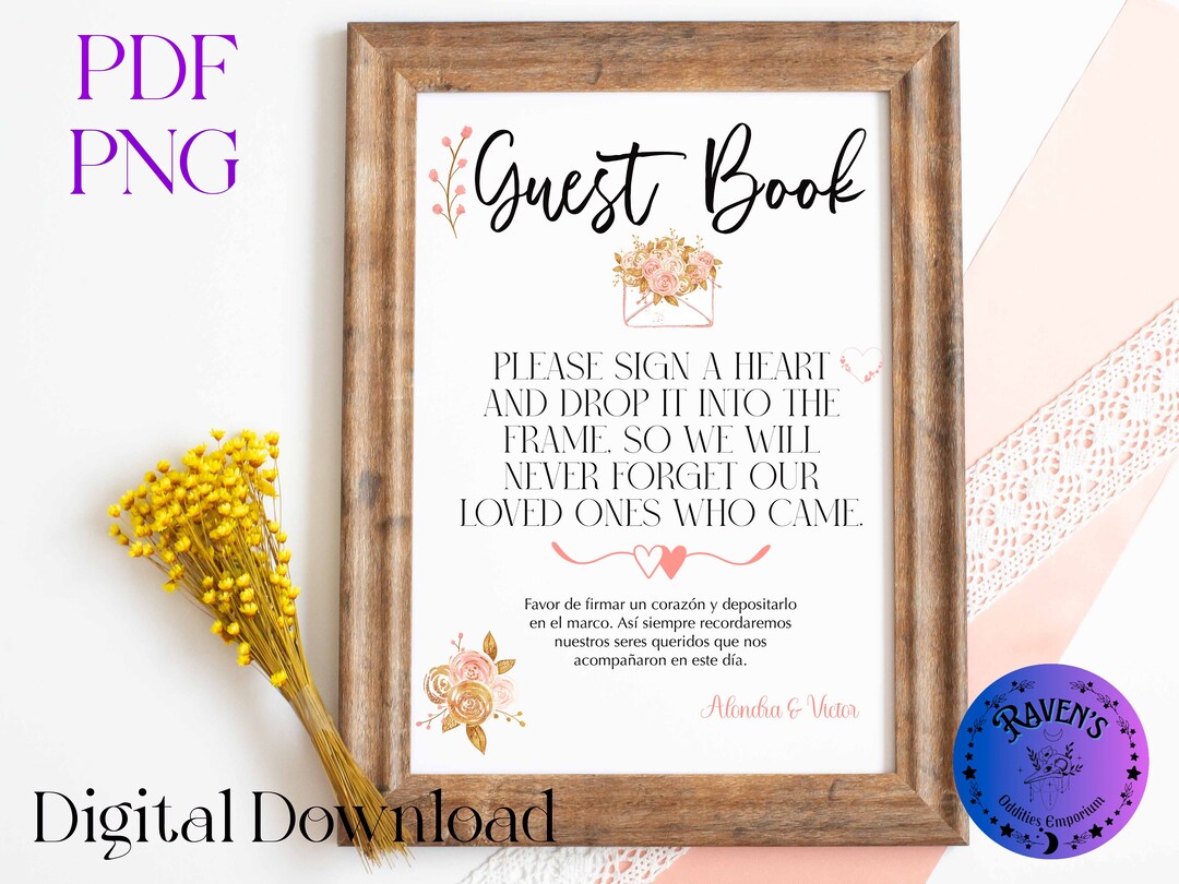Bilingual Wedding Guest Book Heart Drop Frame Sign (digital Download ...