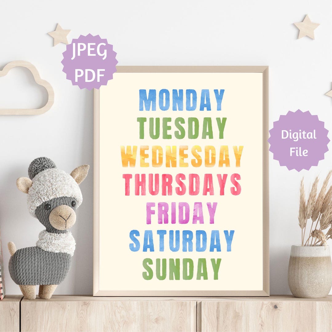 Days of the Week Watercolor Print: Rainbow Montessori Poster (digital ...
