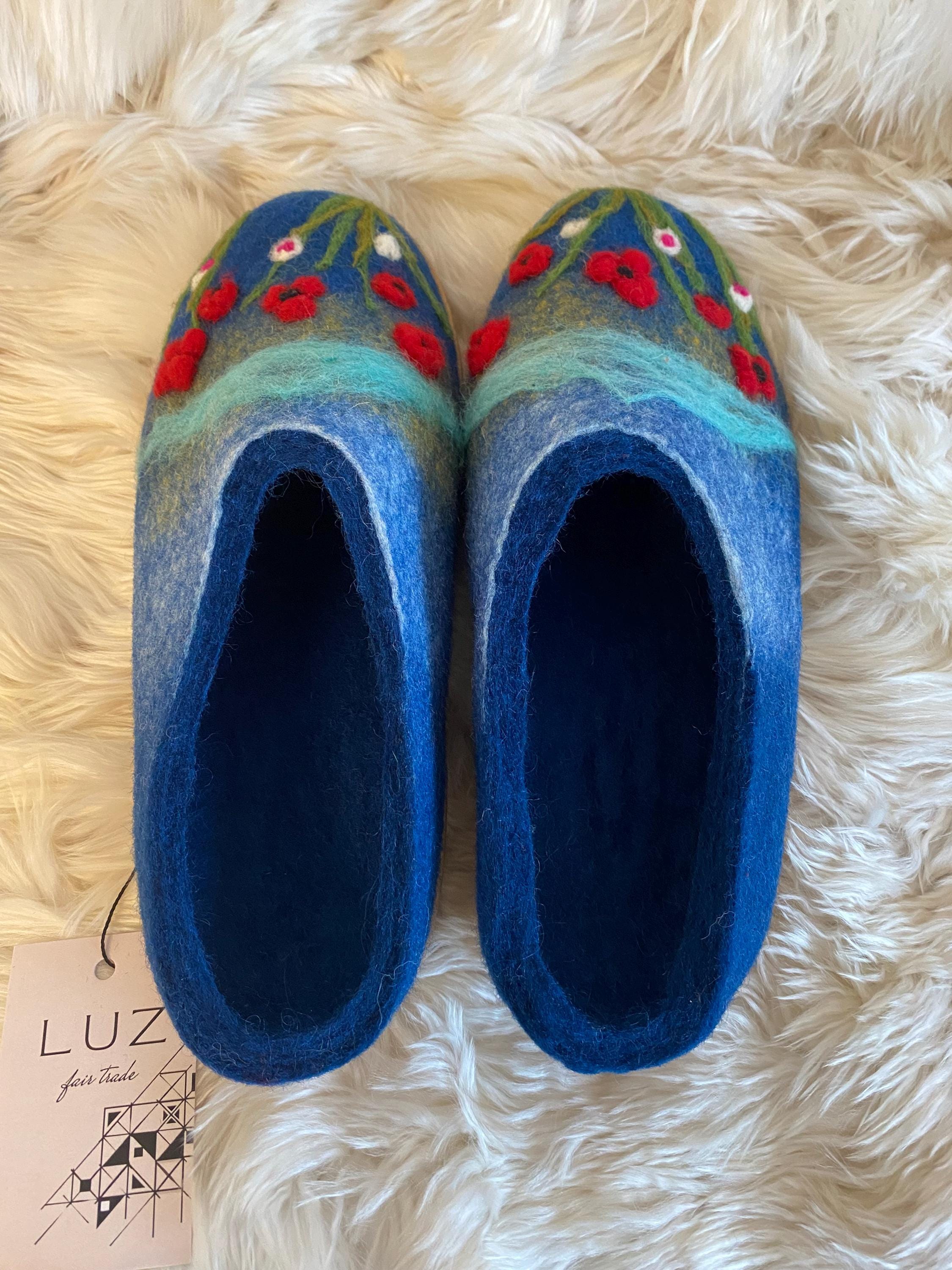 Wool Felt Slippers: Embroidered Poppy Landscape, Rubber Soles, Custom ...