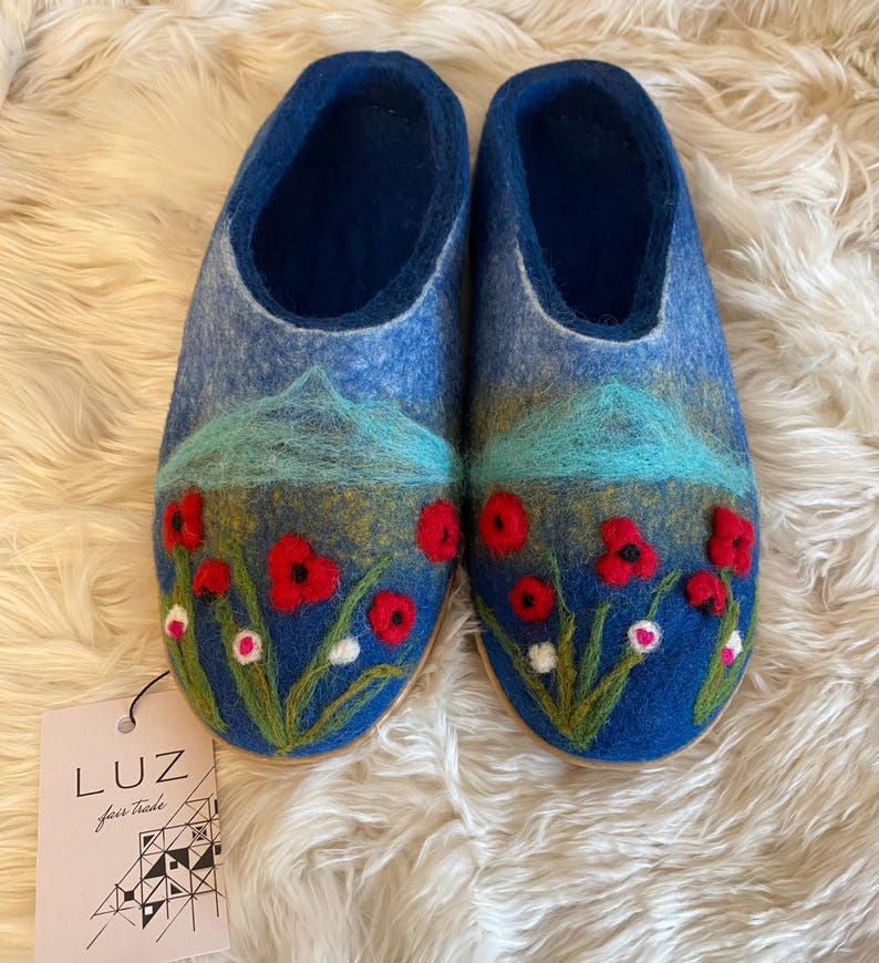Wool Felt Slippers: Embroidered Poppy Landscape, Rubber Soles, Custom ...