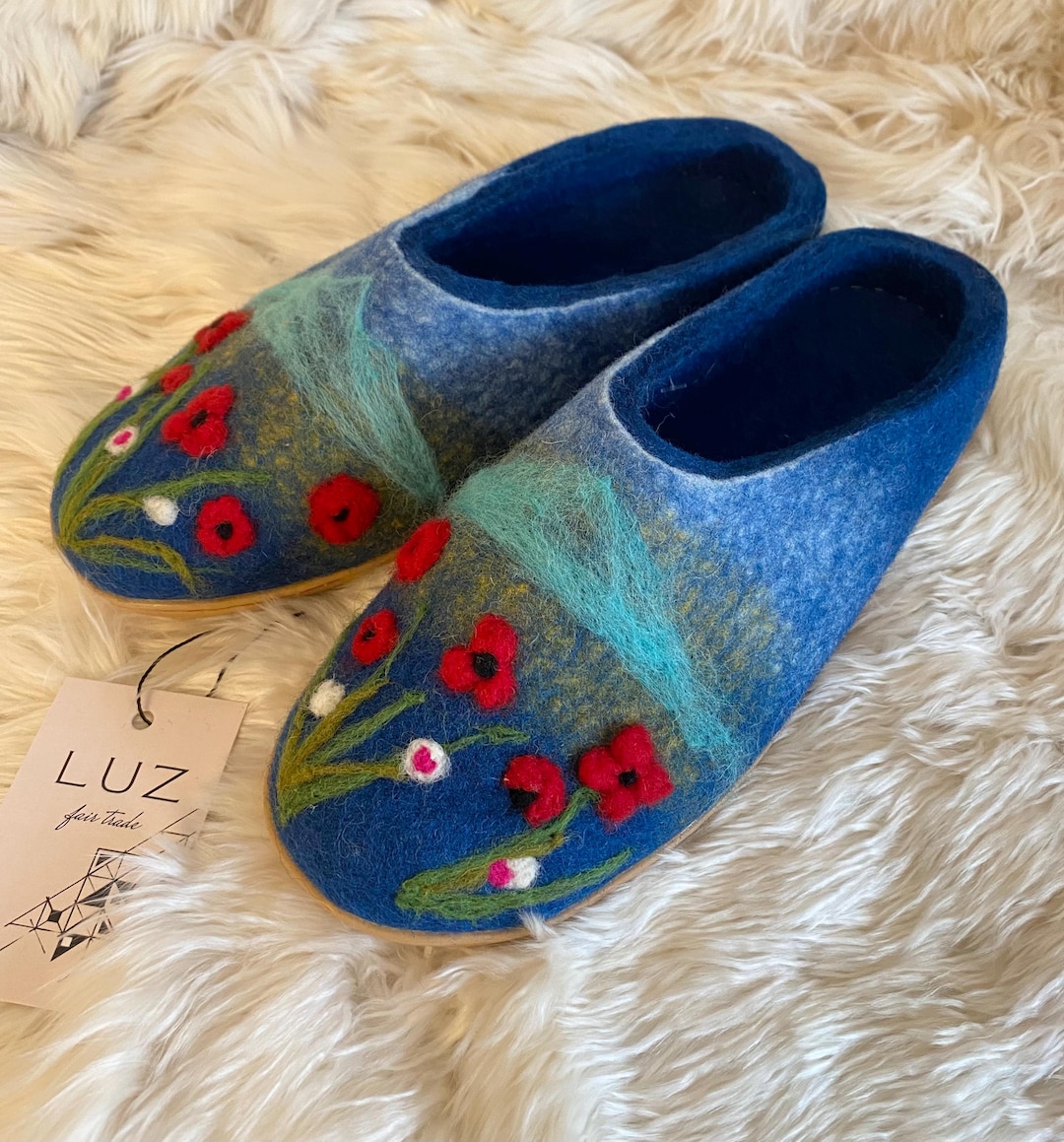 Wool Felt Slippers: Embroidered Poppy Landscape, Rubber Soles, Custom ...