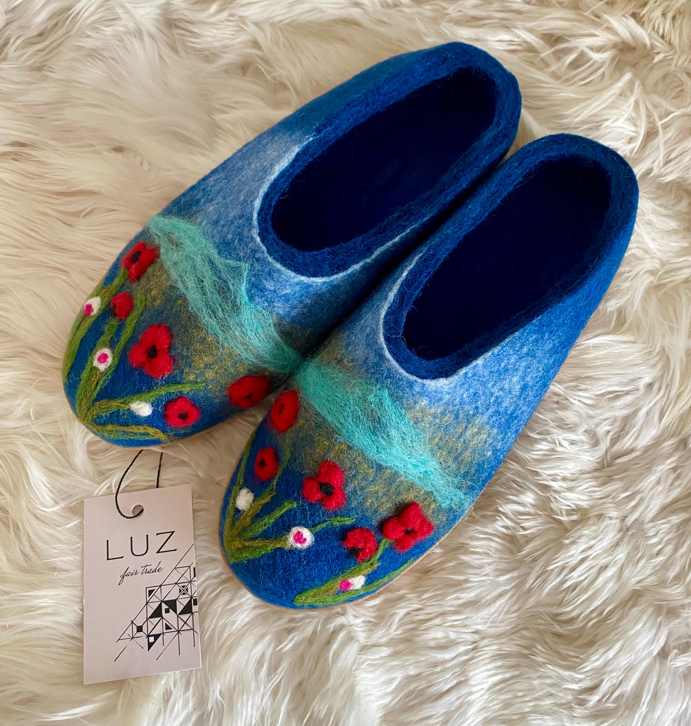 Wool Felt Slippers: Embroidered Poppy Landscape, Rubber Soles, Custom ...