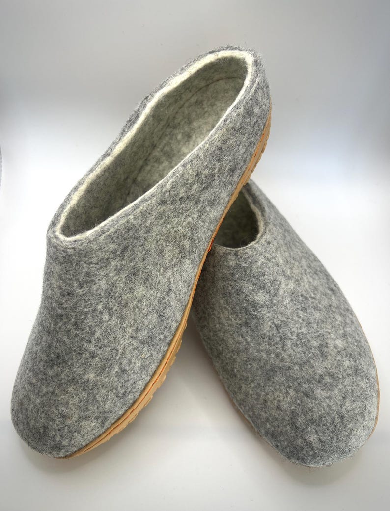 Men's Grey Wool Slippers – Felted Mules With Rubber Soles | Handmade ...