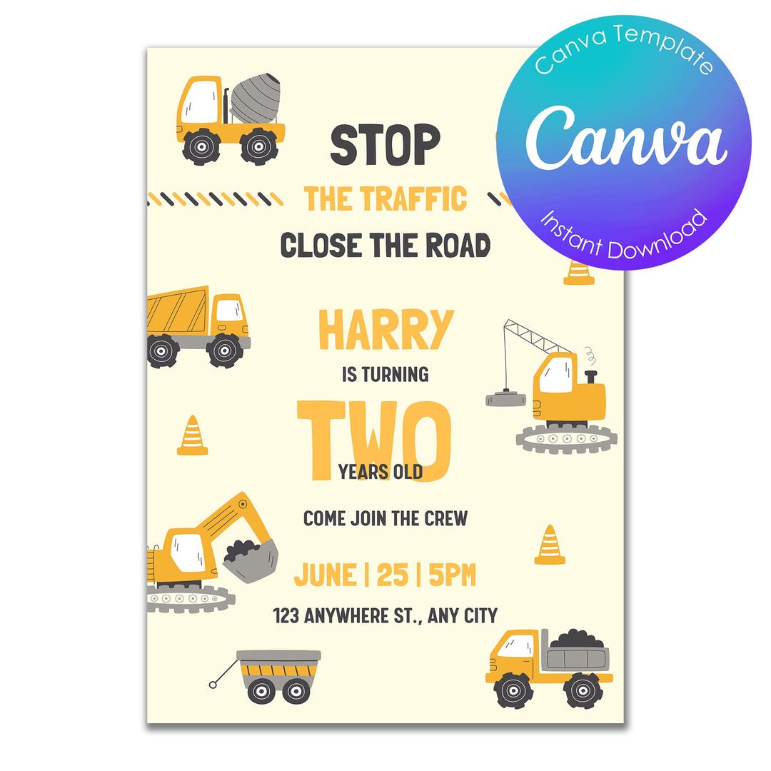Construction Birthday Invitation, Truck & Digger Theme, Kids Excavator ...