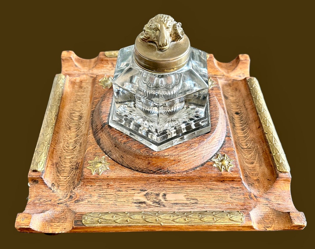 Vintage Six Sided (hexagonal) Glass Inkwell Set in Beautifully Grained ...